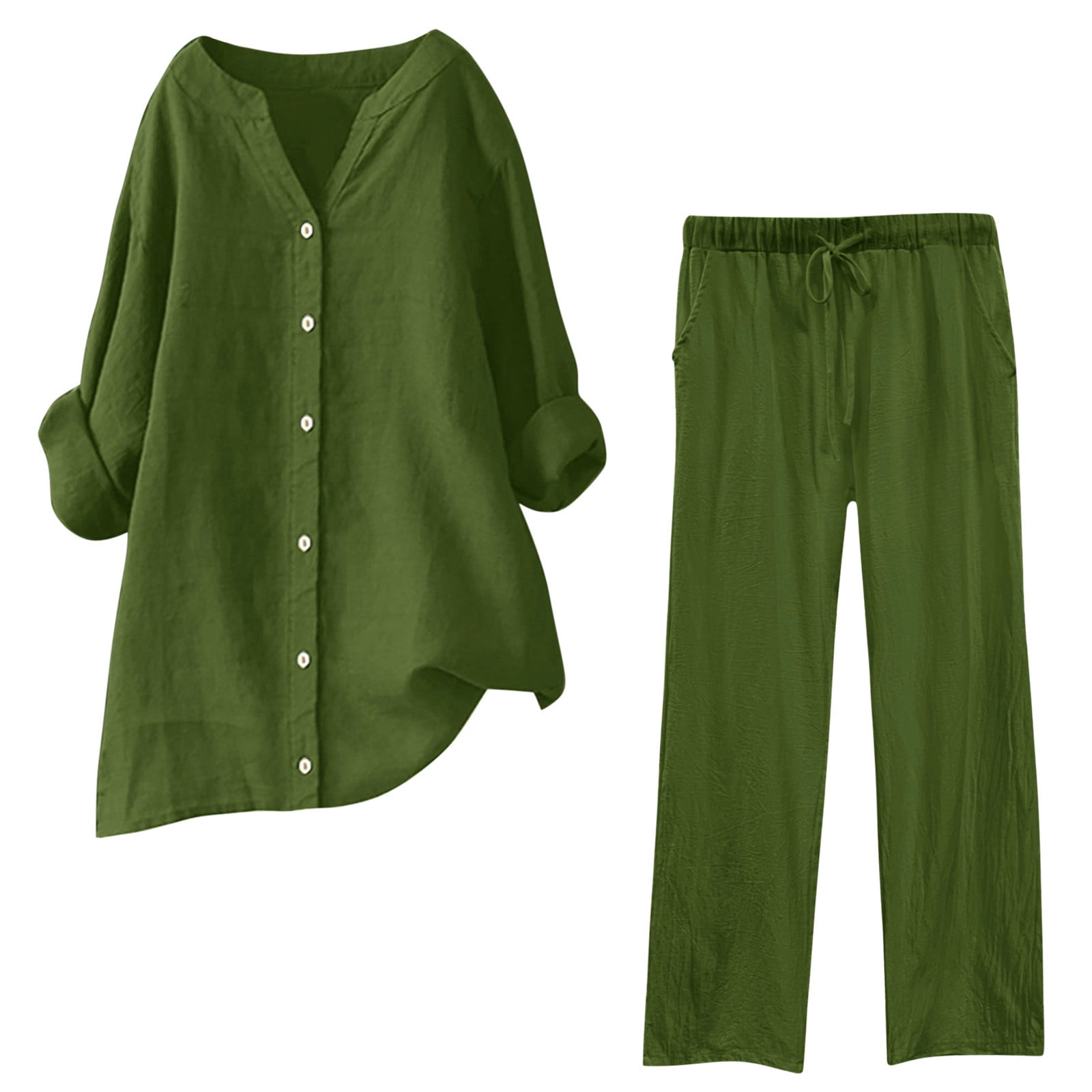 Moxiu 2 Piece Linen Pants Set for Women Plus Size Casual Roll Up Sleeve ...