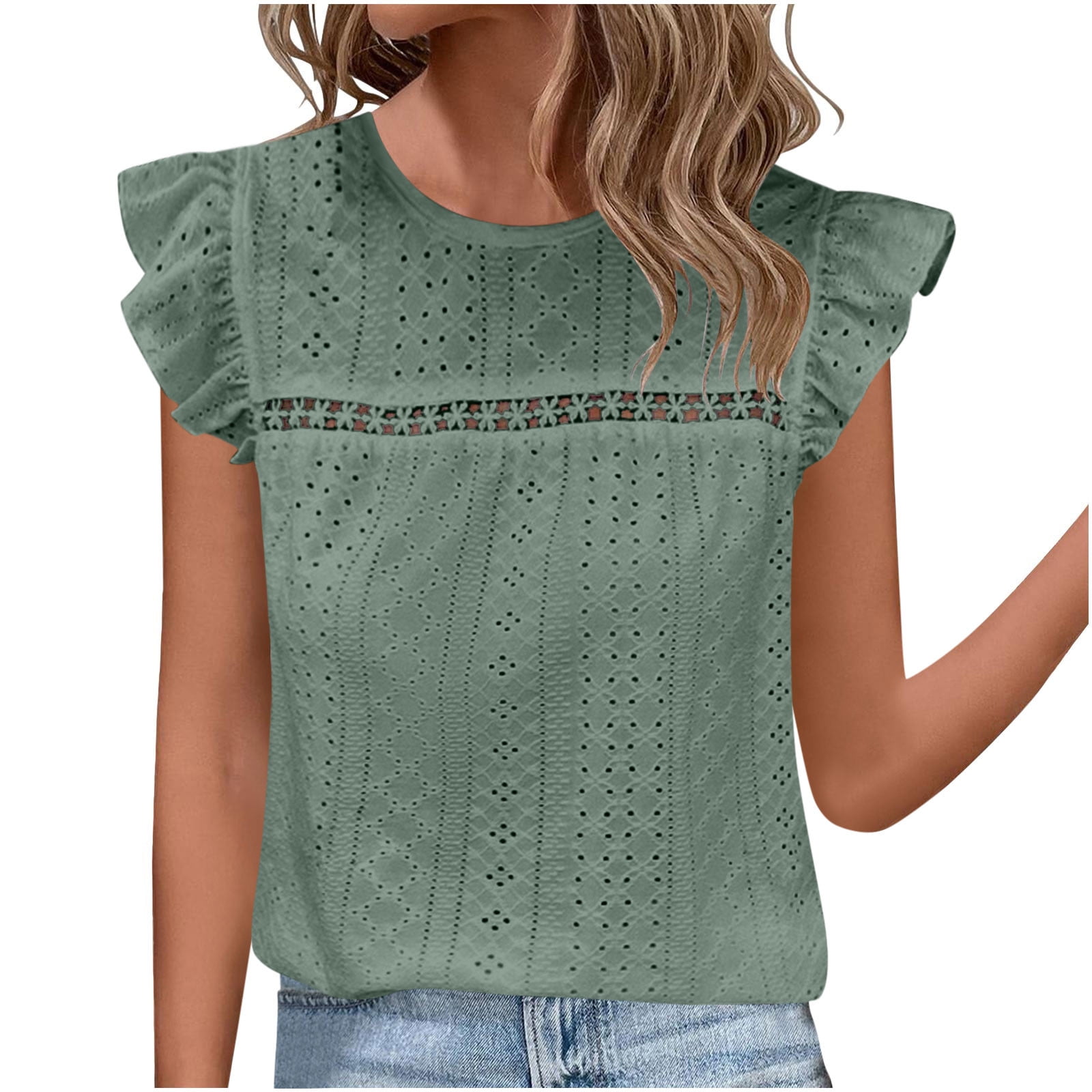 Moxiu Baby Doll Tops for Women 2025,Womens Summer Tops Crewneck Eyelet Ruffle Sleeve Blouses ...