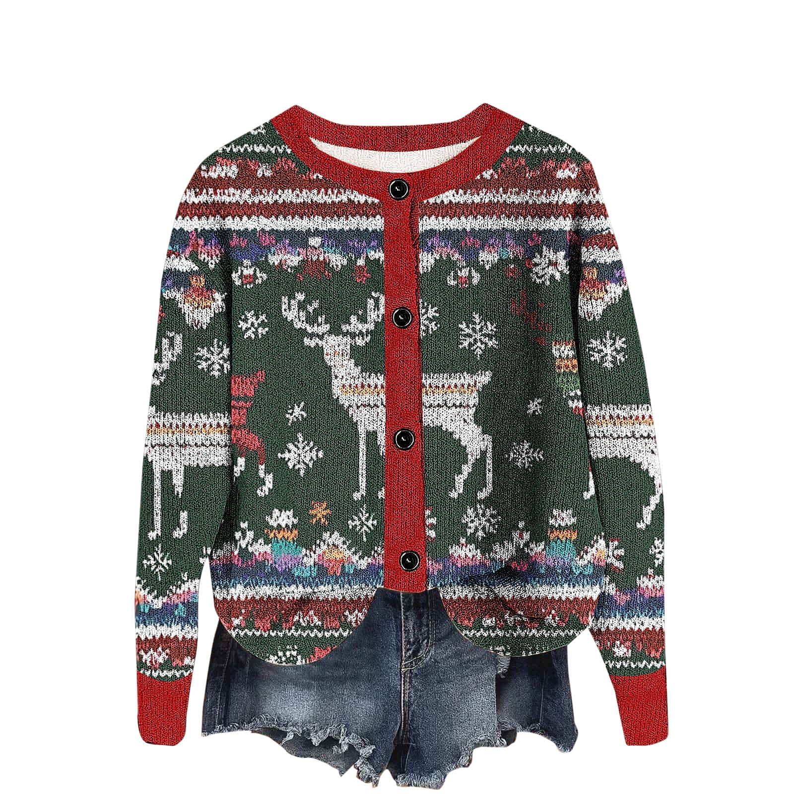 Moxiu Christmas Button Up Sweaters for Women Cute Xmas Theme Print ...