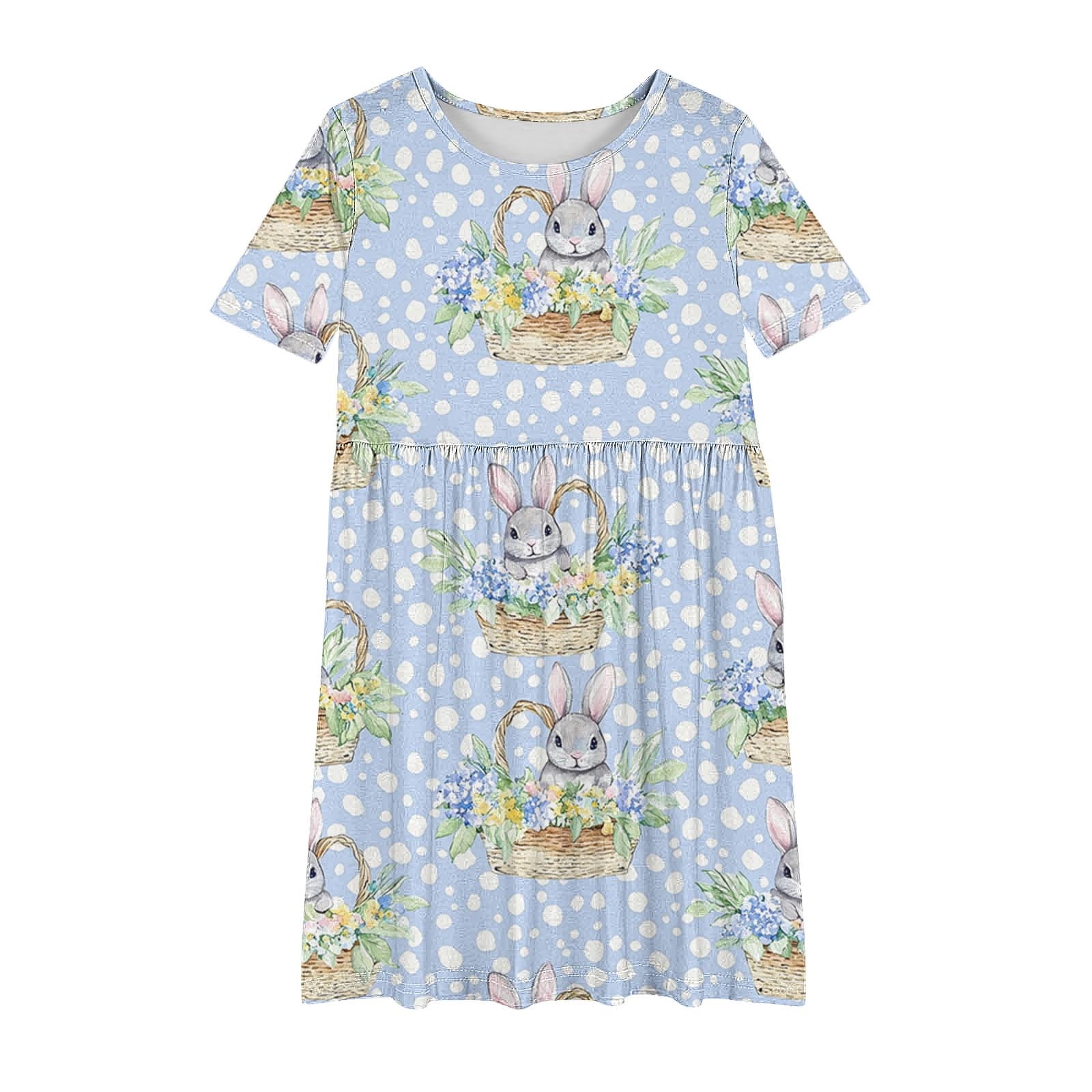 Moxiu Girls Summer Dress Tween Easter Print Cute Bunny Rabbit Eggs ...