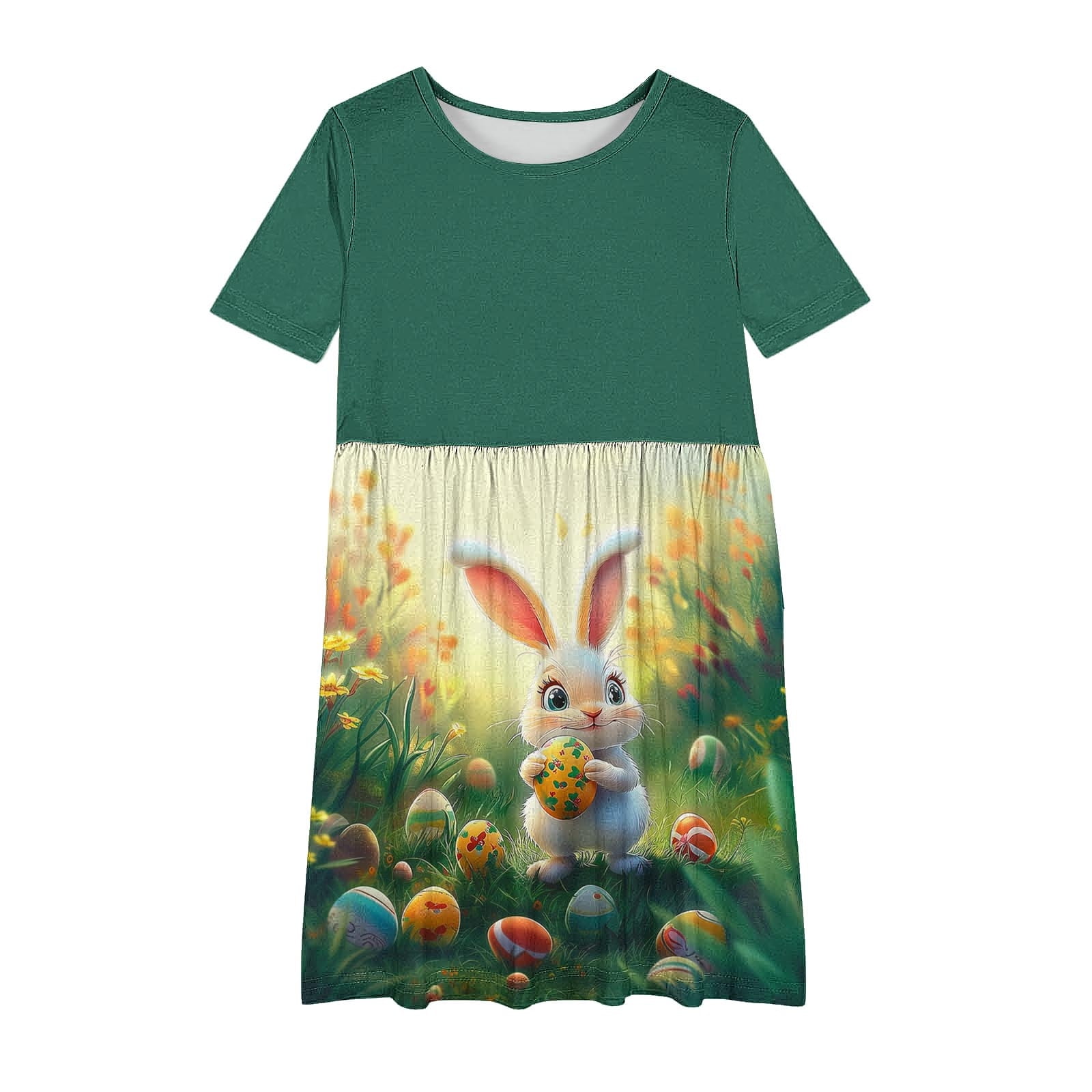 Moxiu Girls Summer Dress Tween Easter Print Cute Bunny Rabbit Eggs ...