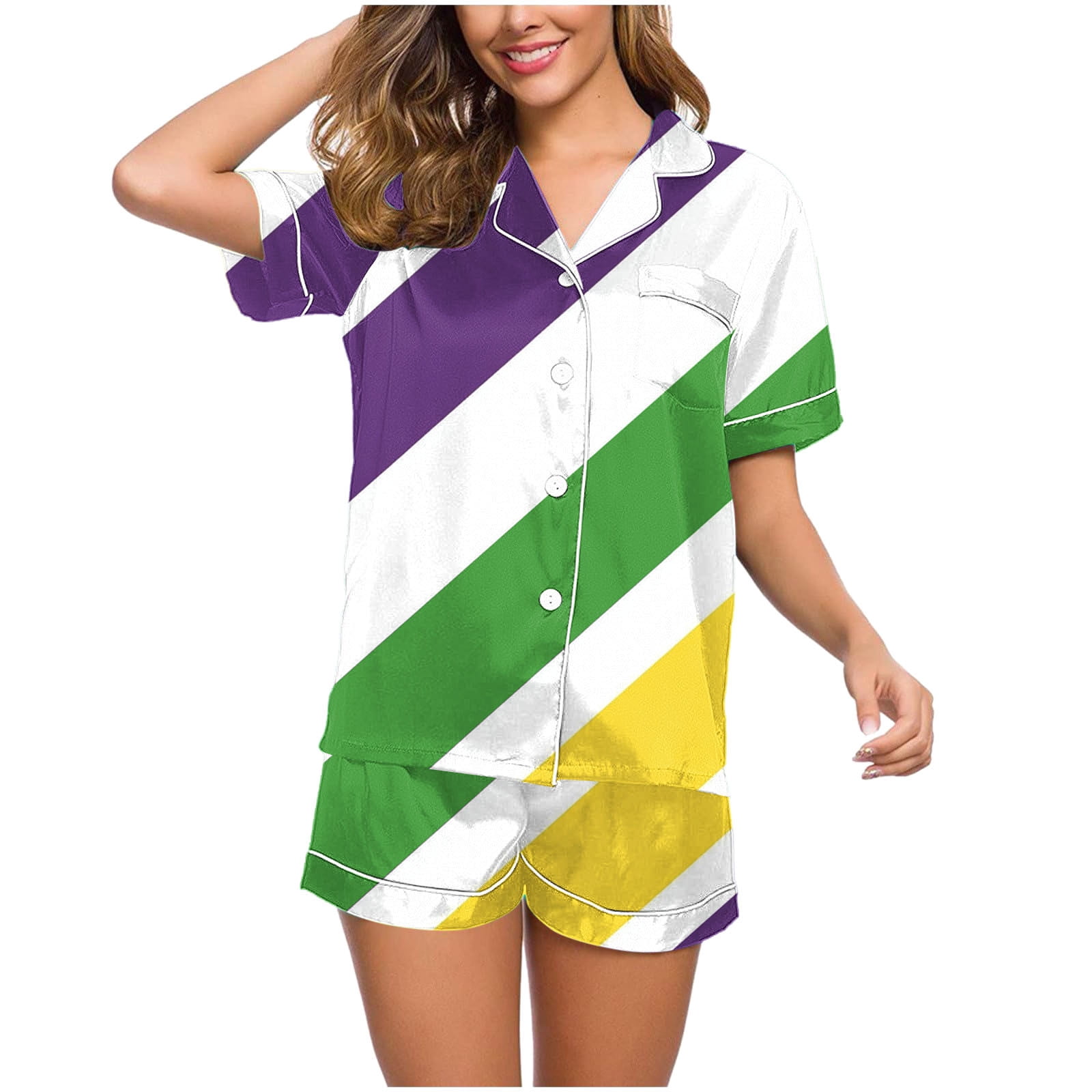 Moxiu Mardi Gras Womens Satin Pajamas Shorts Sets Button Down Silk ...