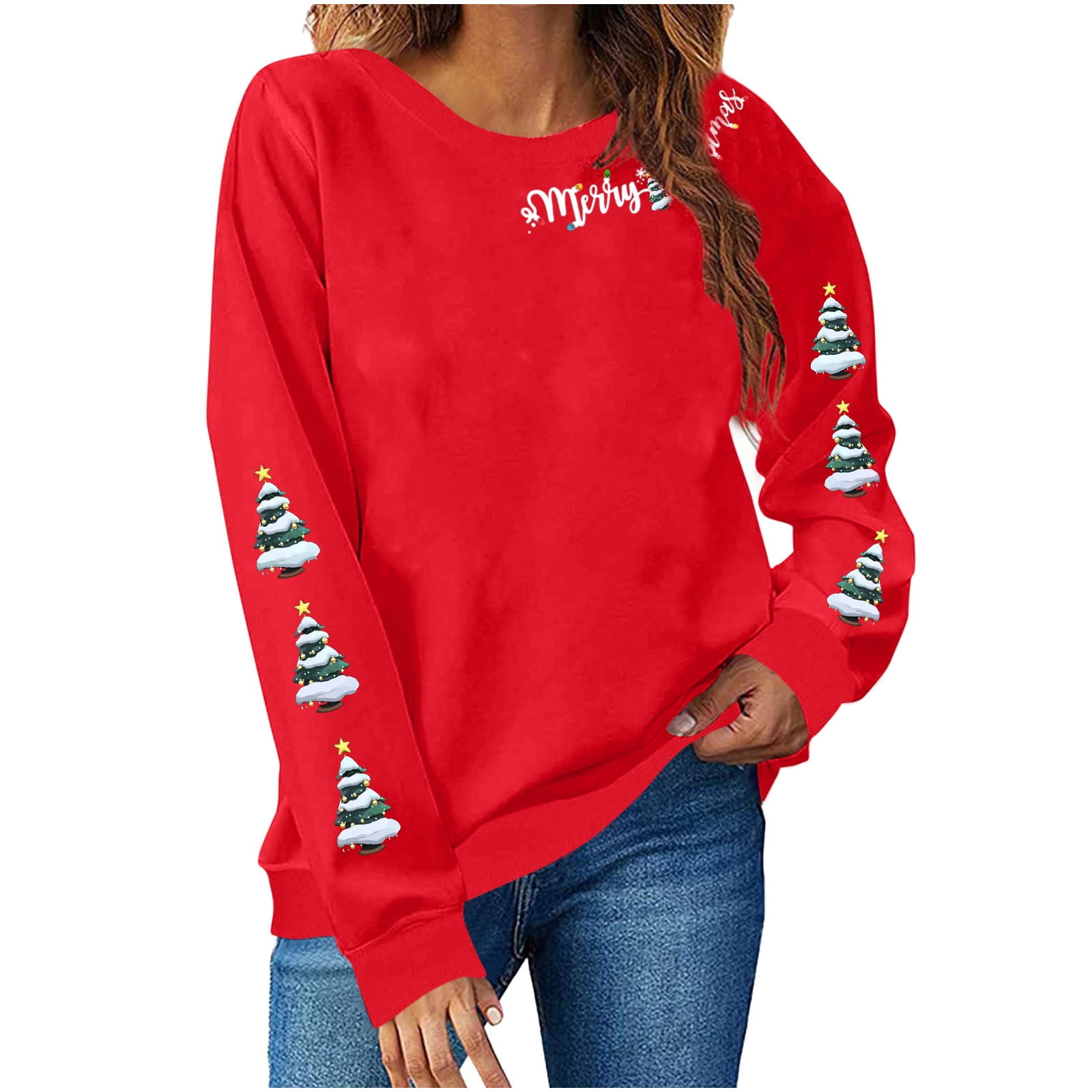 Moxiu Merry Christmas Sweatshirts for Women Cute Christmas Tree Graphic ...