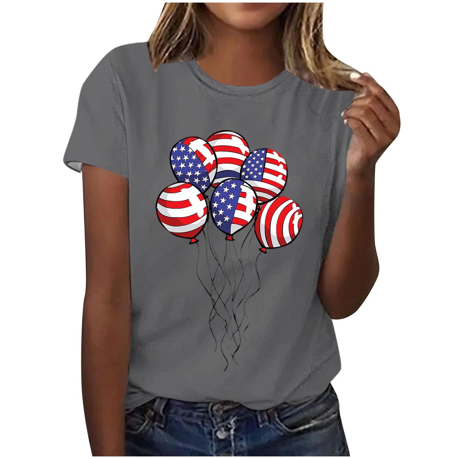 Moxiu Red White Blue Shirt Women American Flag Summer Tops Round Neck ...