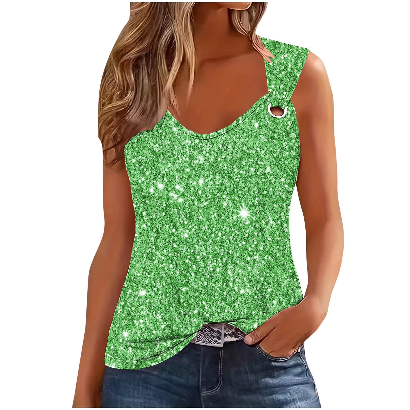 Moxiu Sequin Tank Tops for Women Sleeveless V Neck Sparkle Shirts ...