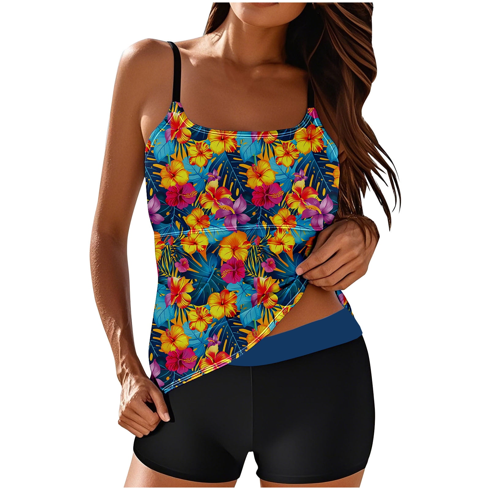 Moxiu Tankini Swimsuits Two Piece Women's Tankini Swimsuits Hawaiian Tropical Blouson Swim Tank ...