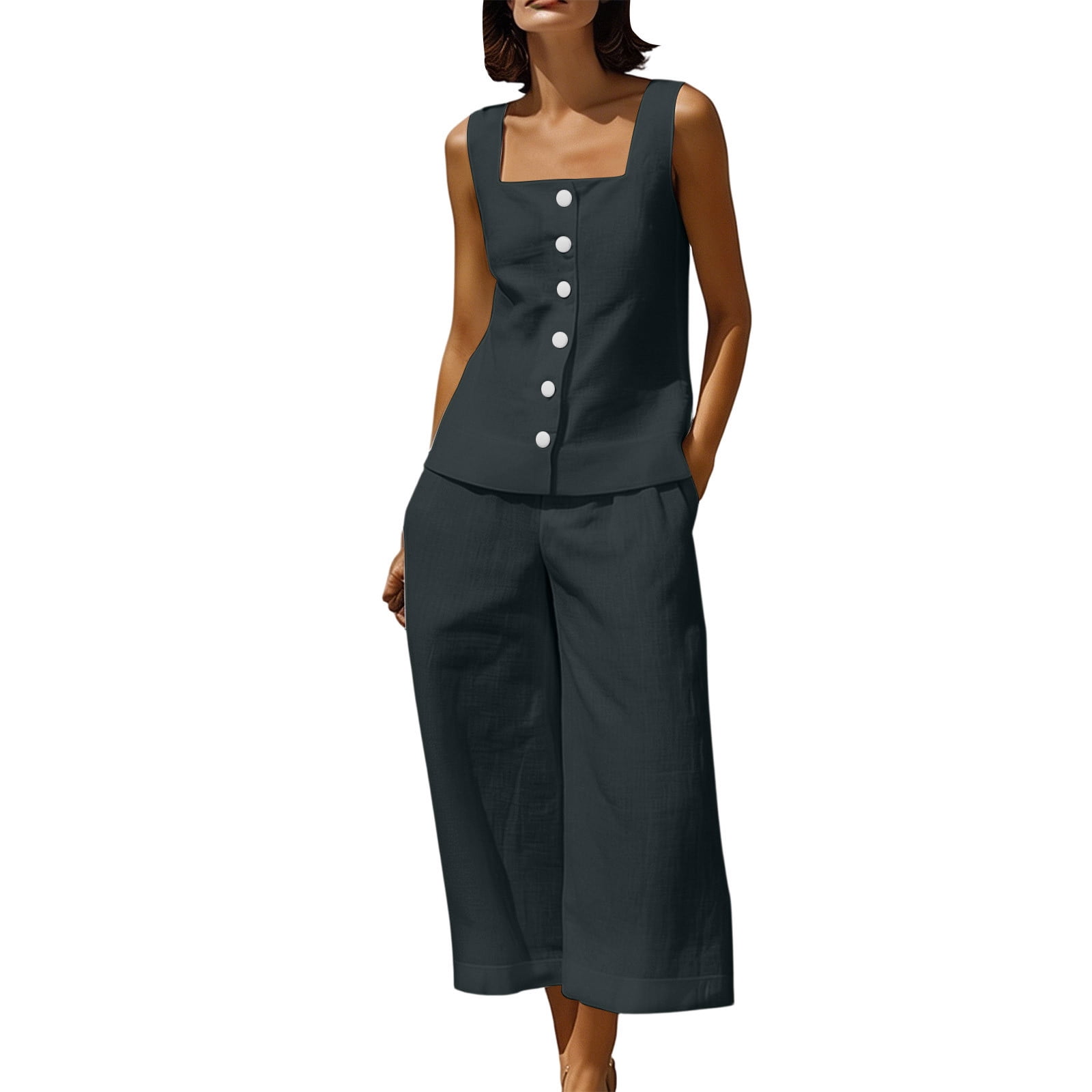 Moxiu Two Piece Women's Outfits with Capri Pants Linen Wide Strap Tank ...