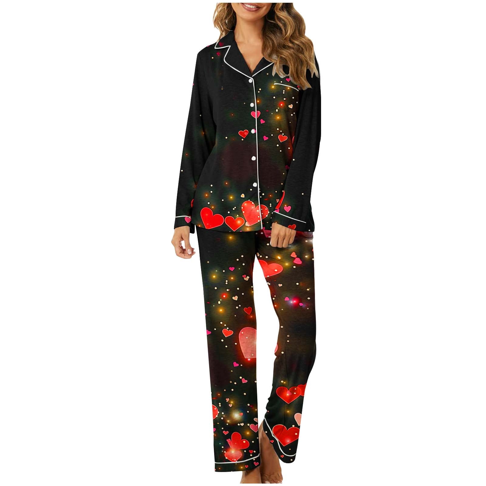 Moxiu Valentine's Day Pajamas for Women Cute Heart Print 2 Piece Set ...