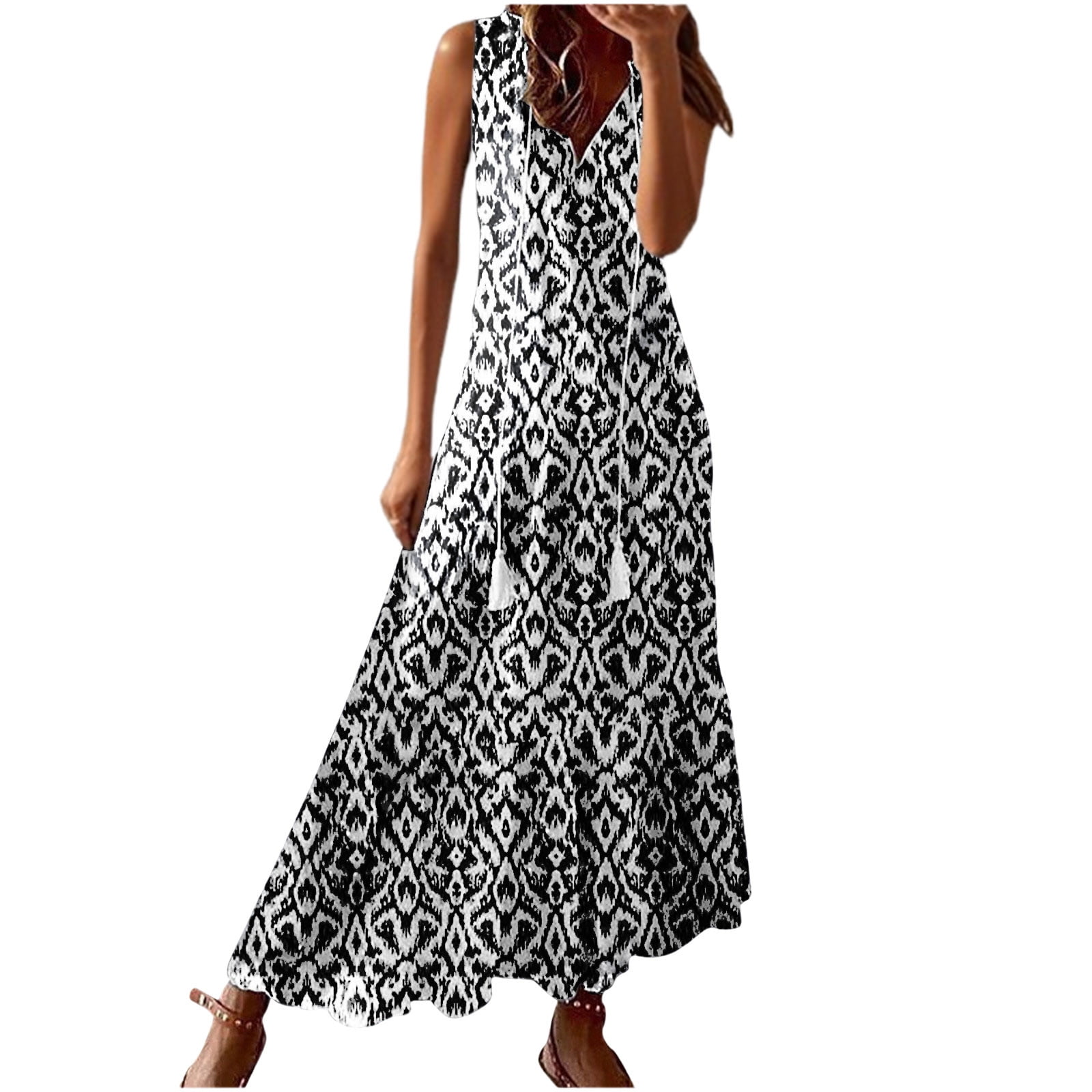 Moxiu Women Boho Summer Maxi Dress Short Sleeve Tassel V Neck Ruffle ...