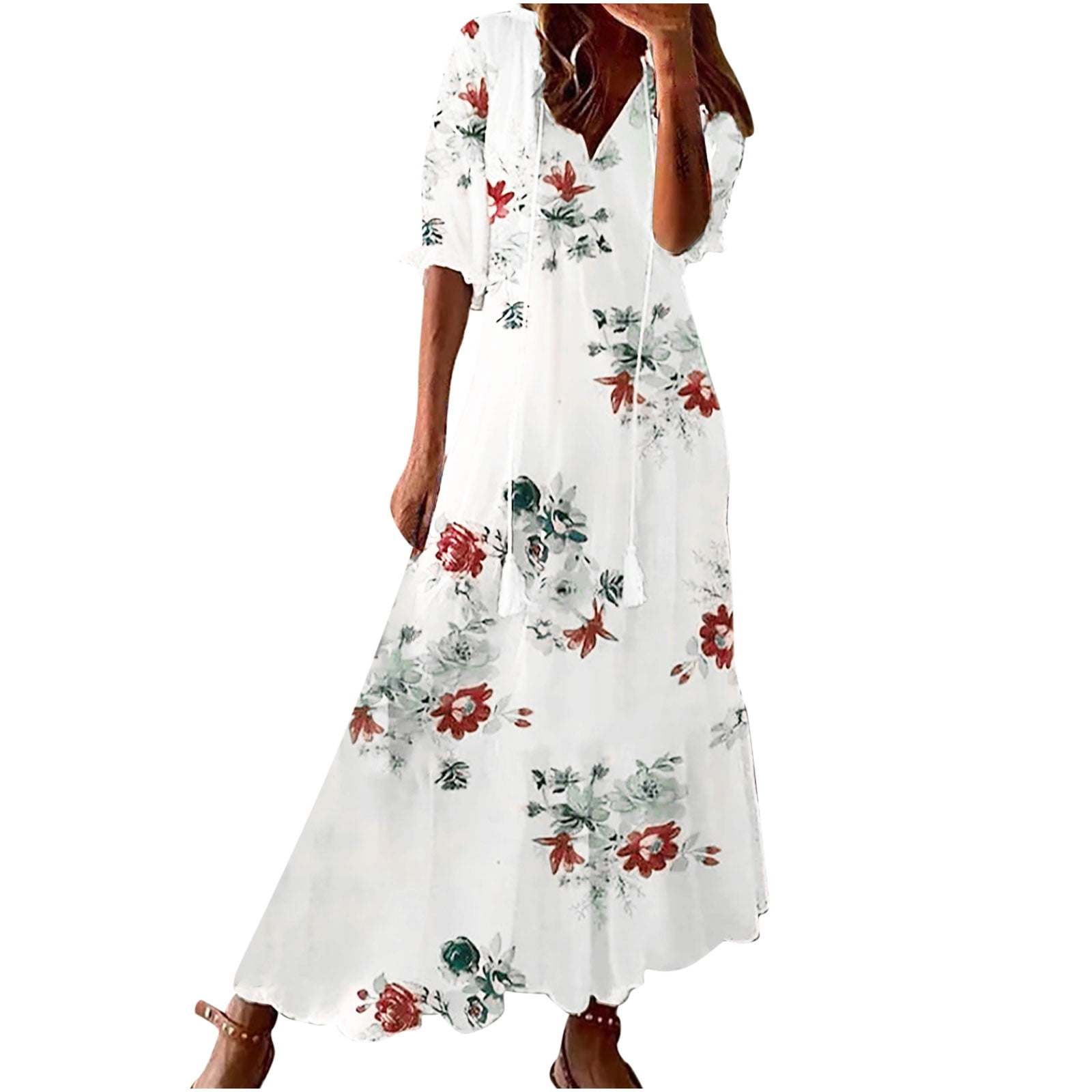 Moxiu Women Boho Summer Maxi Dress Short Sleeve Tassel V Neck Ruffle ...