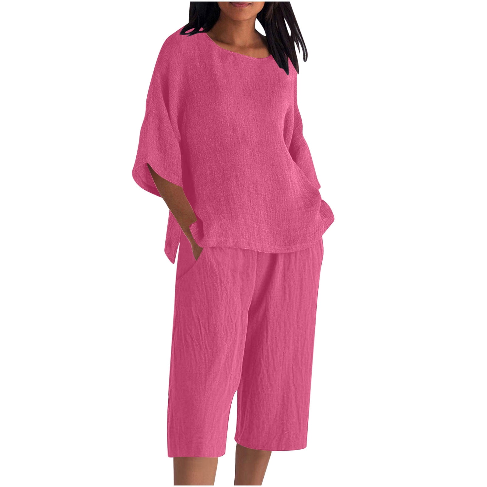 Moxiu Women Two Piece Sets Summer Plus Size 3/4 Sleeve Tops and Capri ...