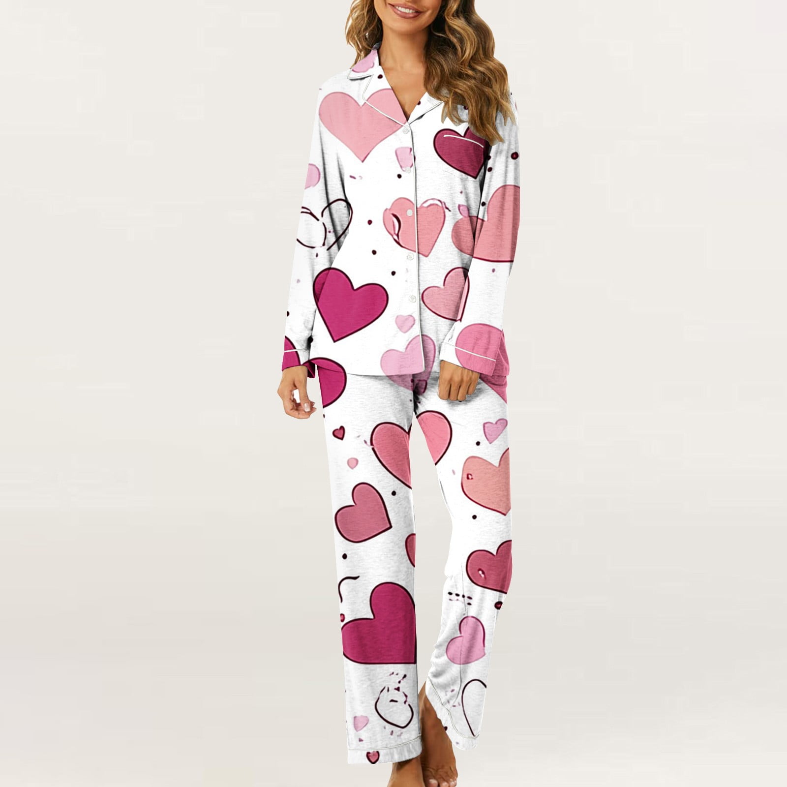 Moxiu Women Valentine 2 Piece Pajamas Love Heart Print Long Sleeve ...