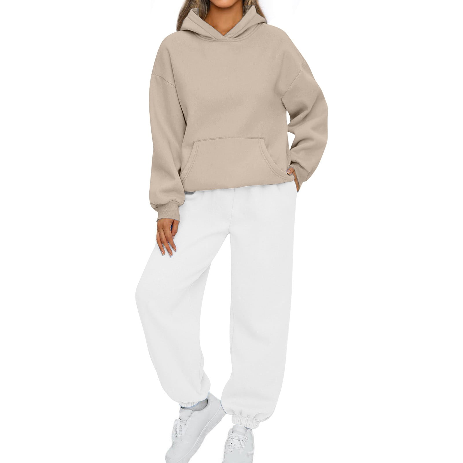Moxiu Womens 2 Piece Outfits Color Block Match Khaki Hoodie and White ...