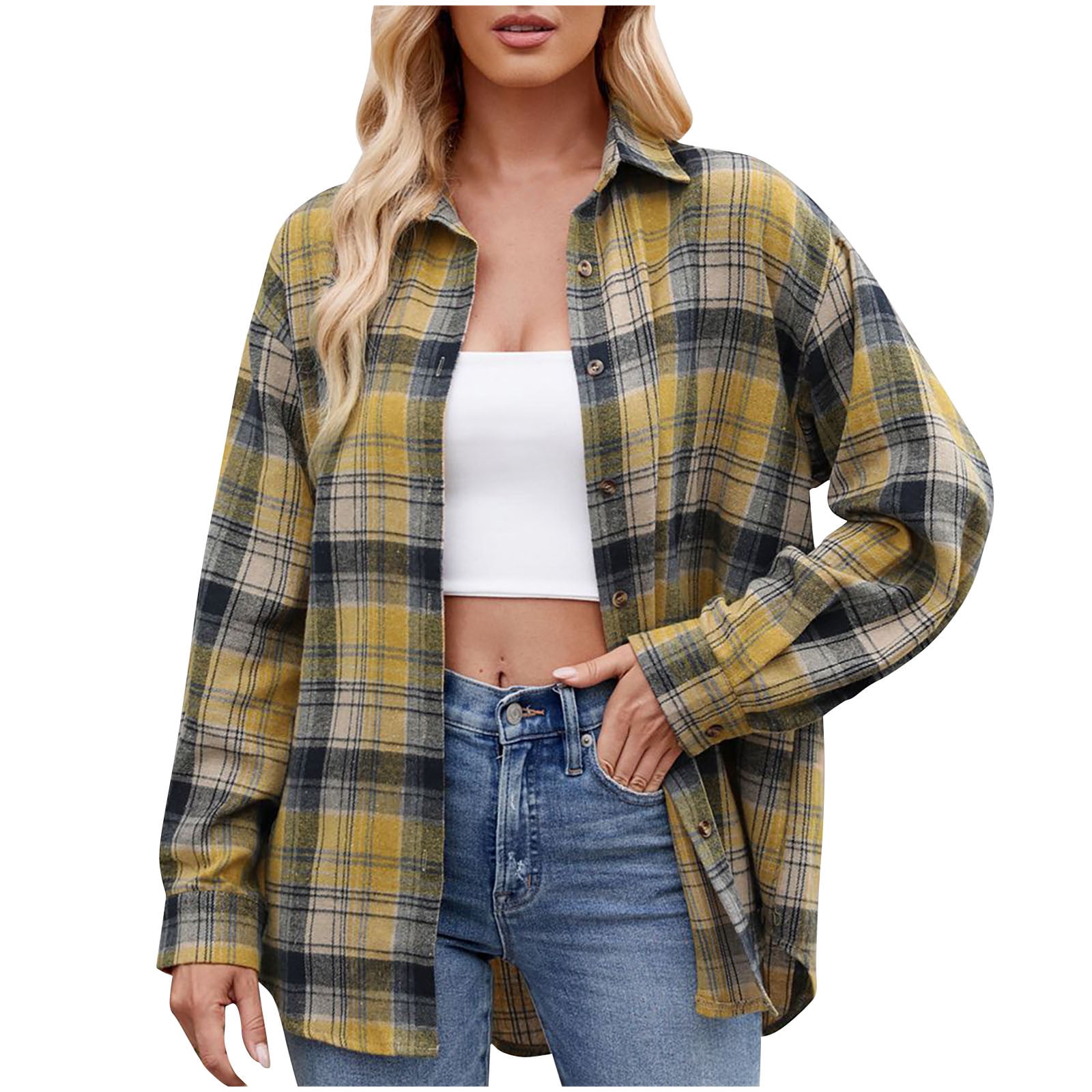 Moxiu Womens Button Down Flannel Shirts Long Sleeve Plaid Shackets ...
