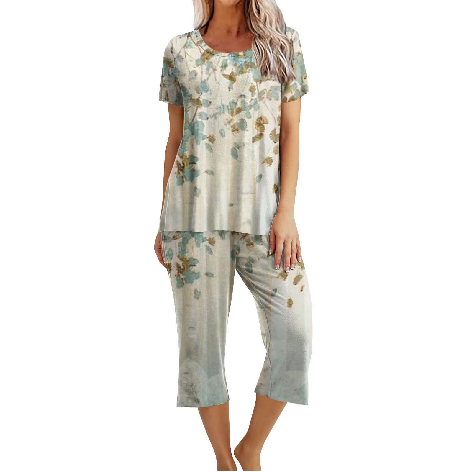 Moxiu Womens Capri Pants Clearance,2 Piece Lounge Sets Pajama Sleep ...