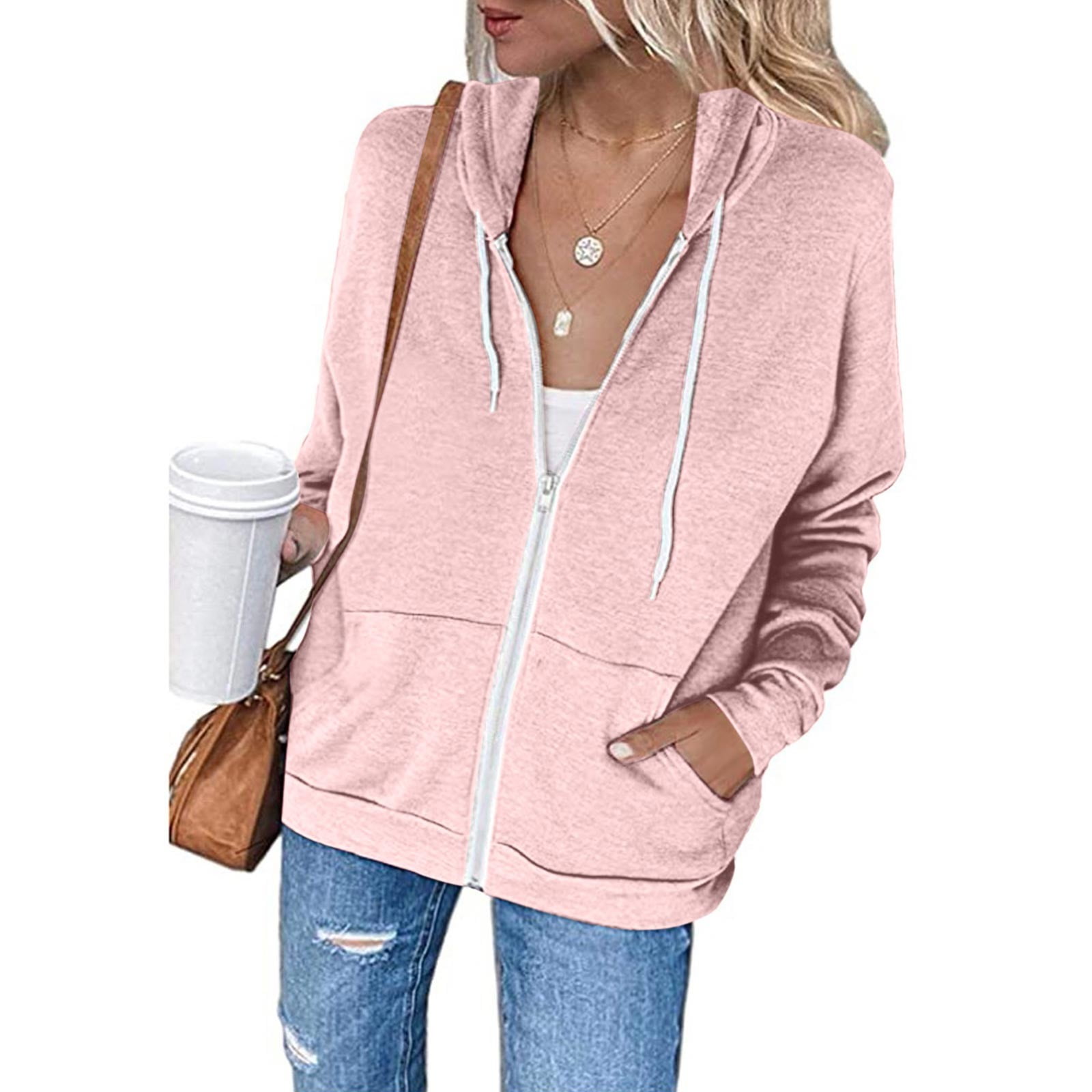 Moxiu Womens Long Sleeve Full Zip Up Hoodie Top Solid Color Basic