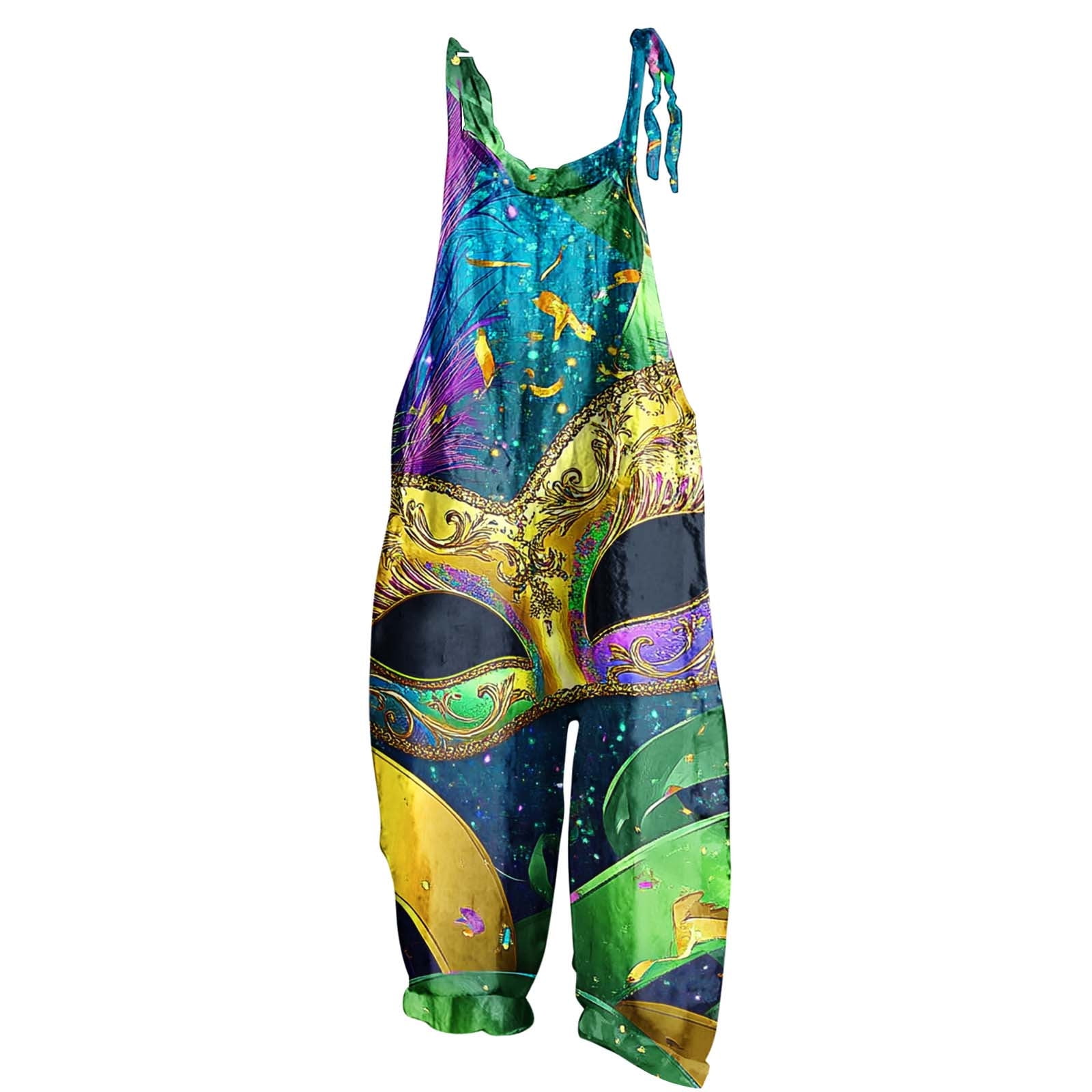 Moxiu Womens Mardi Gras Overalls Carnival Themed Mask Print Adjustable ...