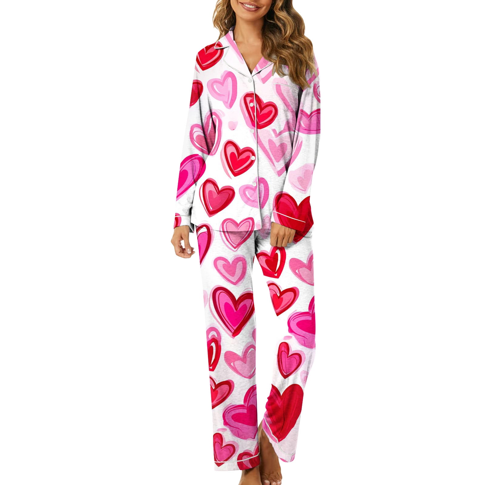 Moxiu Womens Satin Valentine's Day Pajamas Long Sleeve Love Heart Print ...