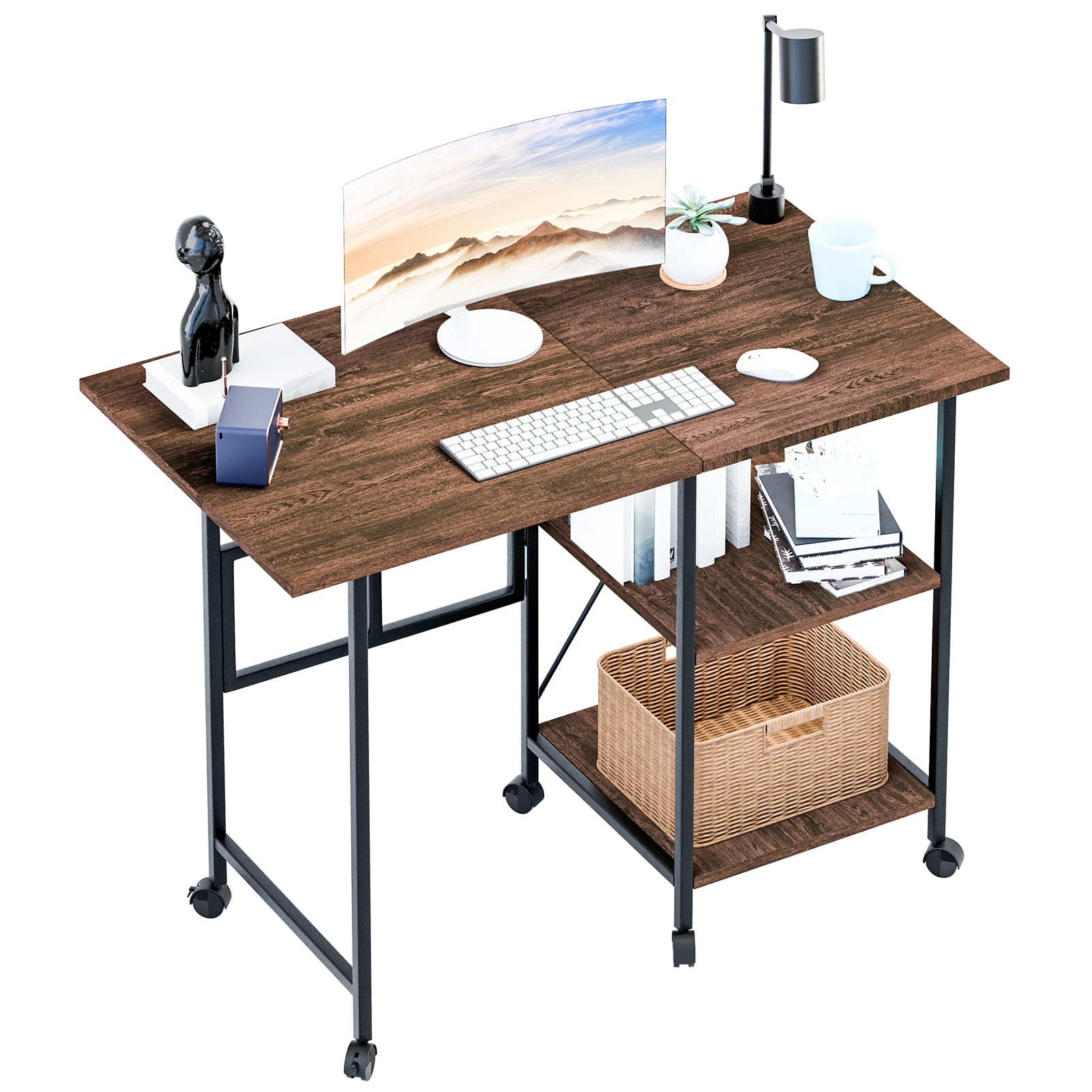 Moxufan Computer Desk,Foldable Computer Desk with Casters,Rolling Desk ...