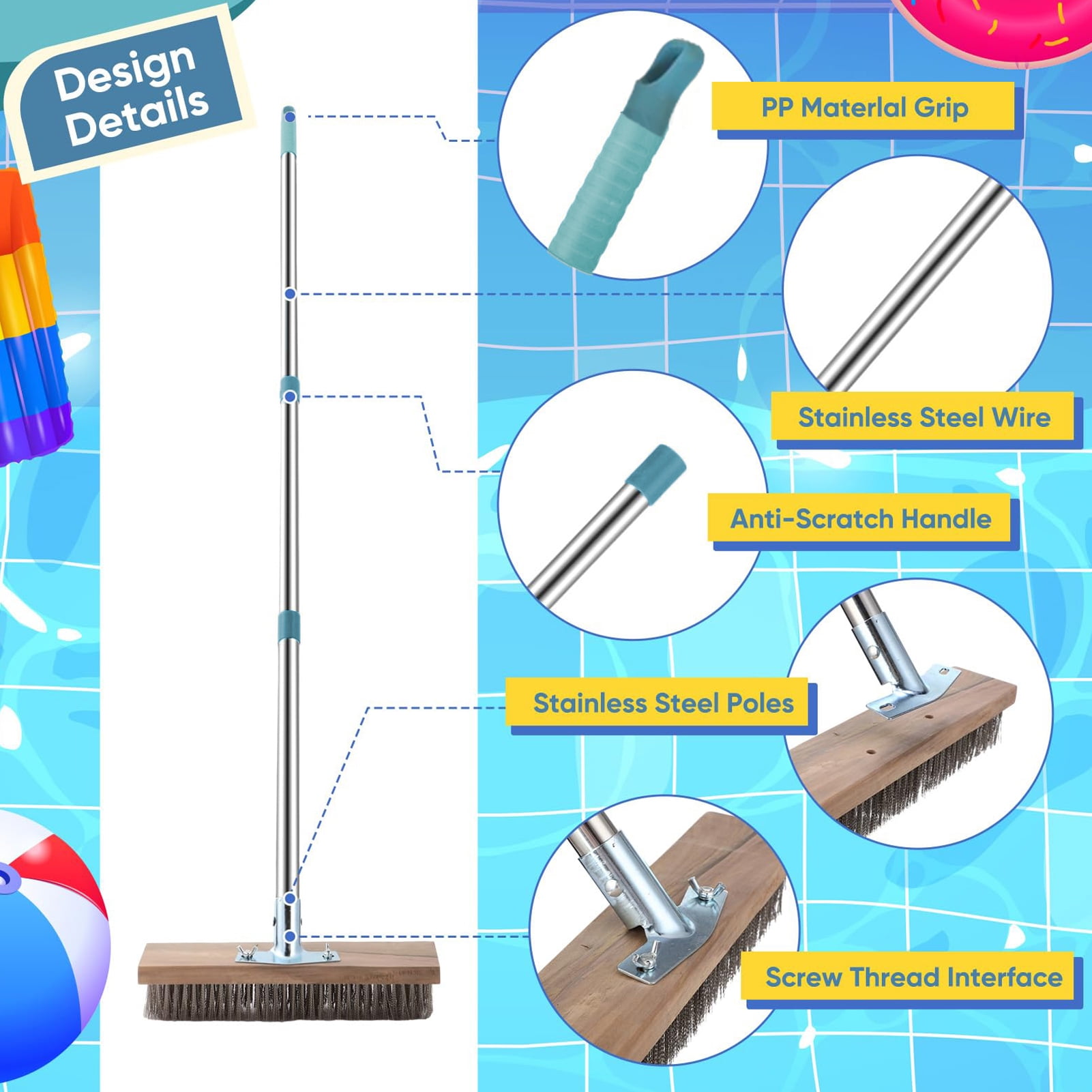 Moxufan Deck Brush with Wooden Handle Comfortable Grip Stiff Bristle ...