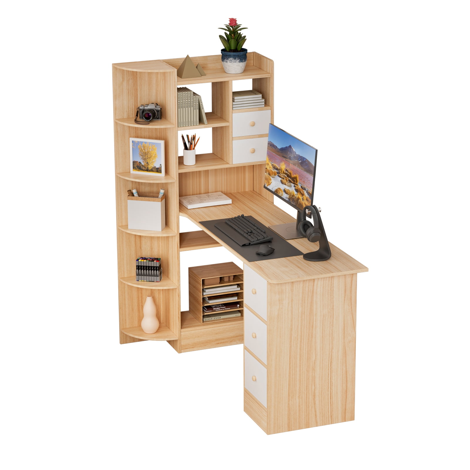 Moxufan Desk Bookshelf,Combo 2-in-1 L-Shaped Computer Desk with ...