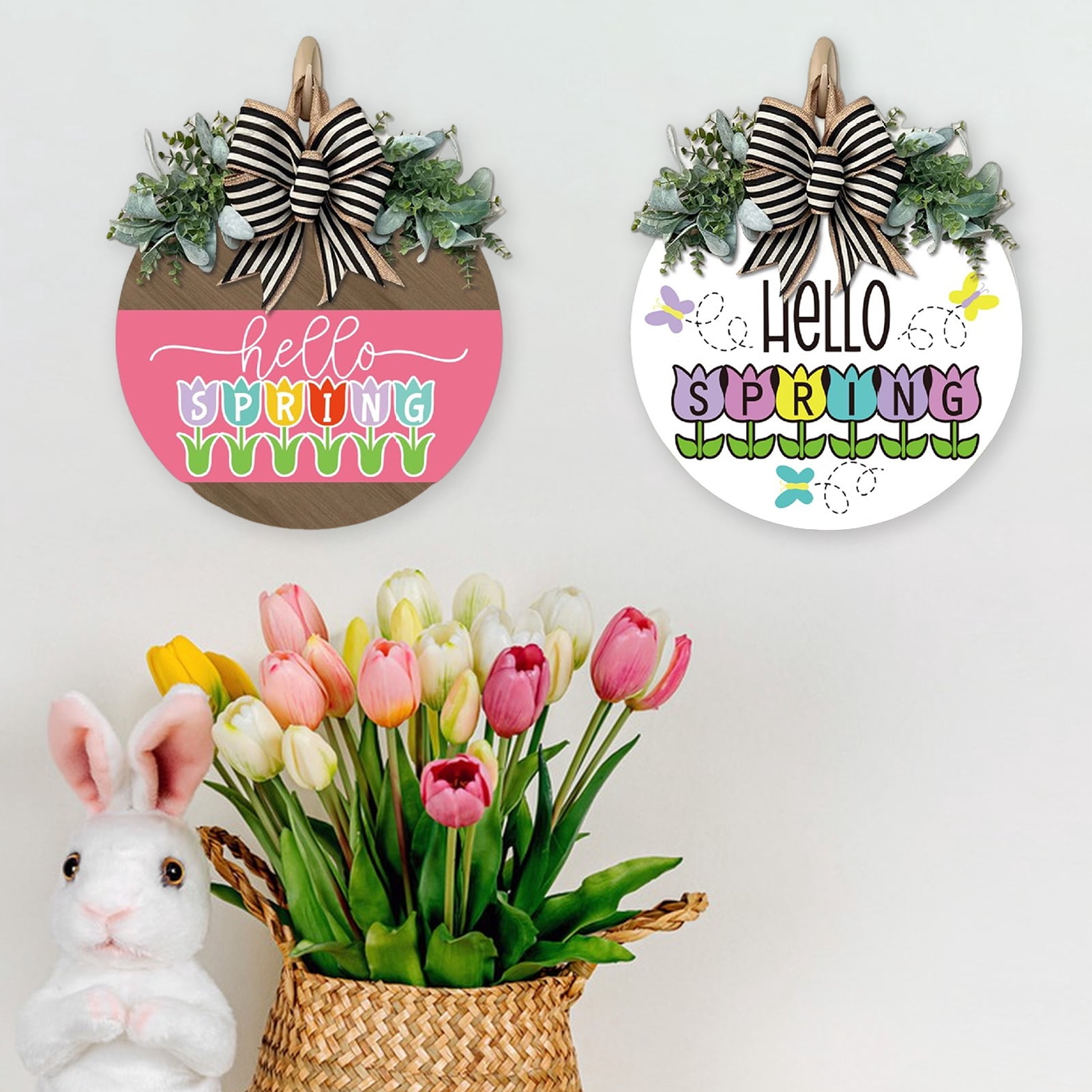Moxufan Hello Spring Door Sign Wooden Spring Decoration Wreath Sign ...