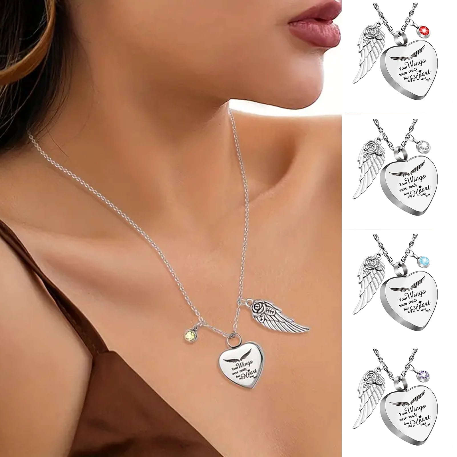 Moxufan January to December Birthstone Heart Necklace with Angel Wings Bone Ash Storage Red ...