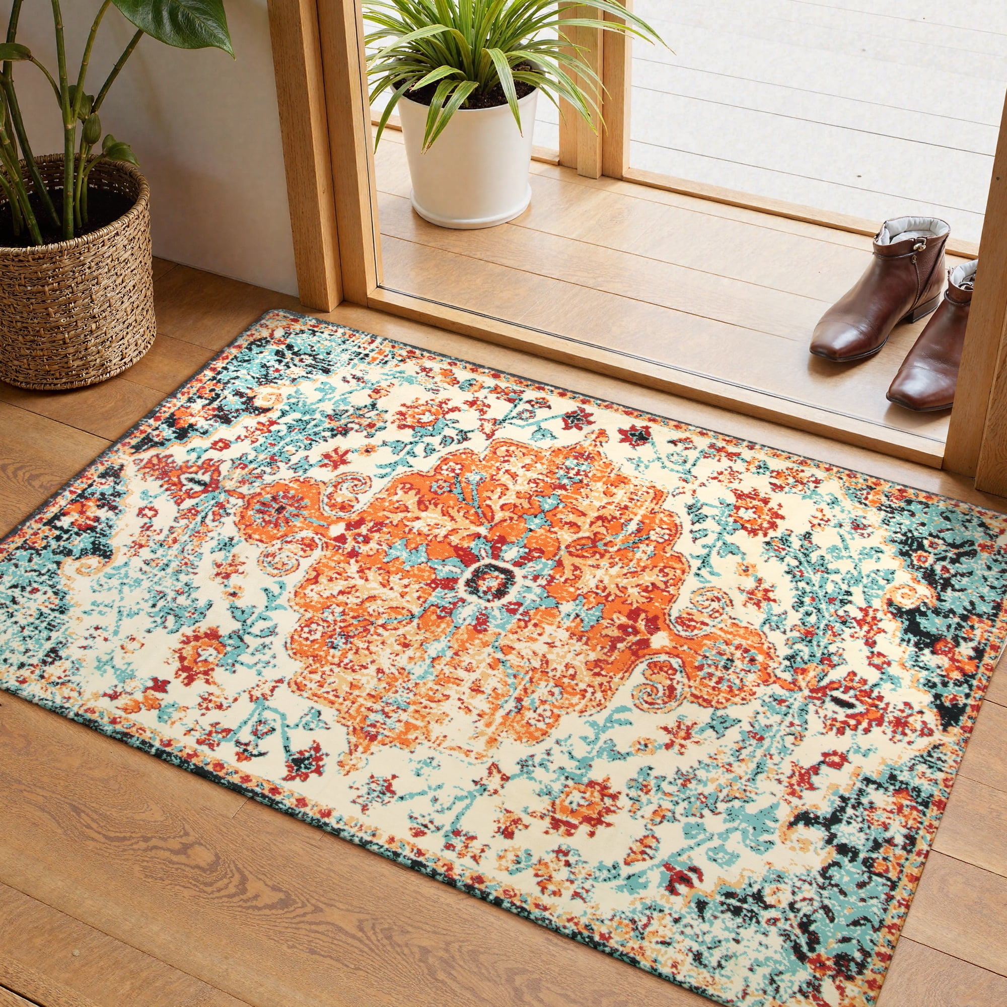 Moynesa 2'x3' Bohemian Area Rug, Small Washable Rug, Orange Floral ...