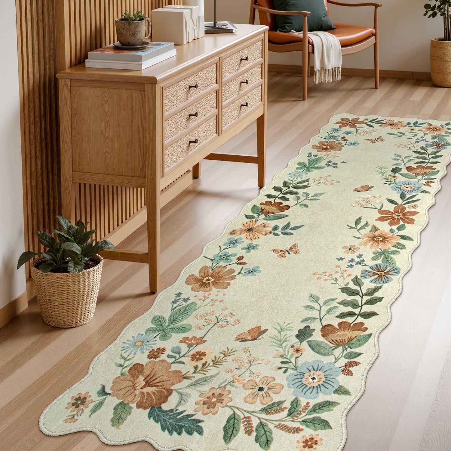 Moynesa 2'x6' Floral Hallway Runner, Beige Washable Rug, Boho Low-Pile ...