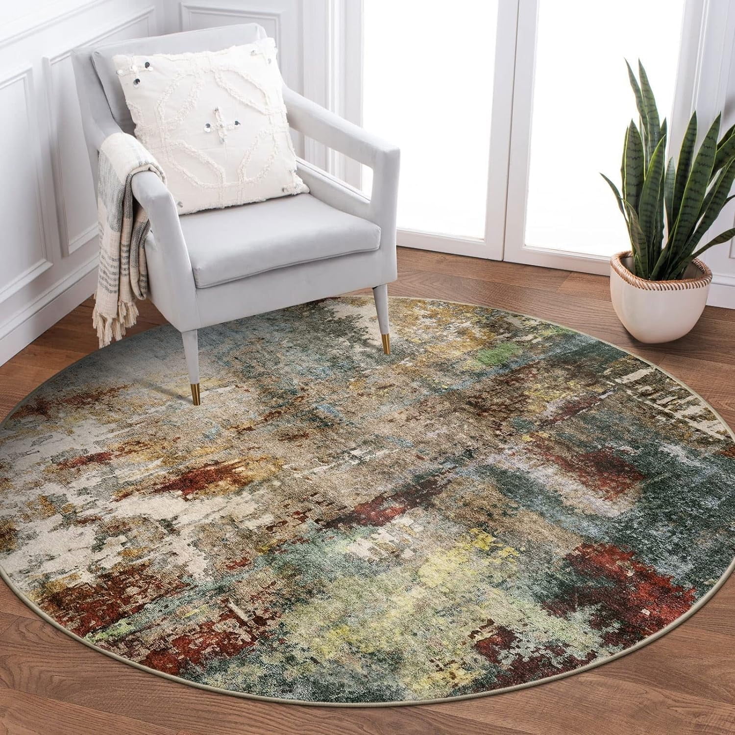 Moynesa 3'Round Modern Abstract Round Rug,Red Kitchen Rug Washable ...