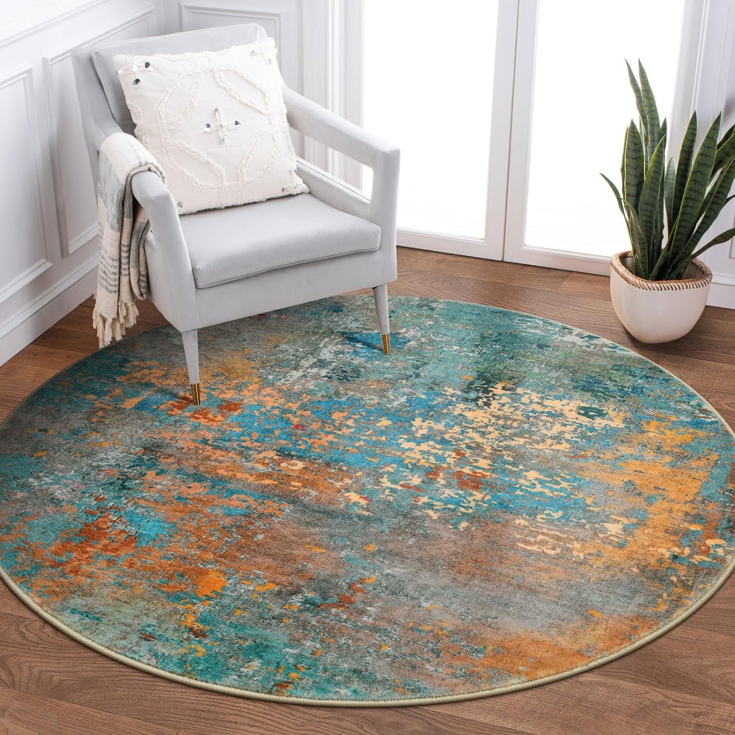 Moynesa 3'Round Modern Abstract Round Rug,Rosy Kitchen Rug Washable ...