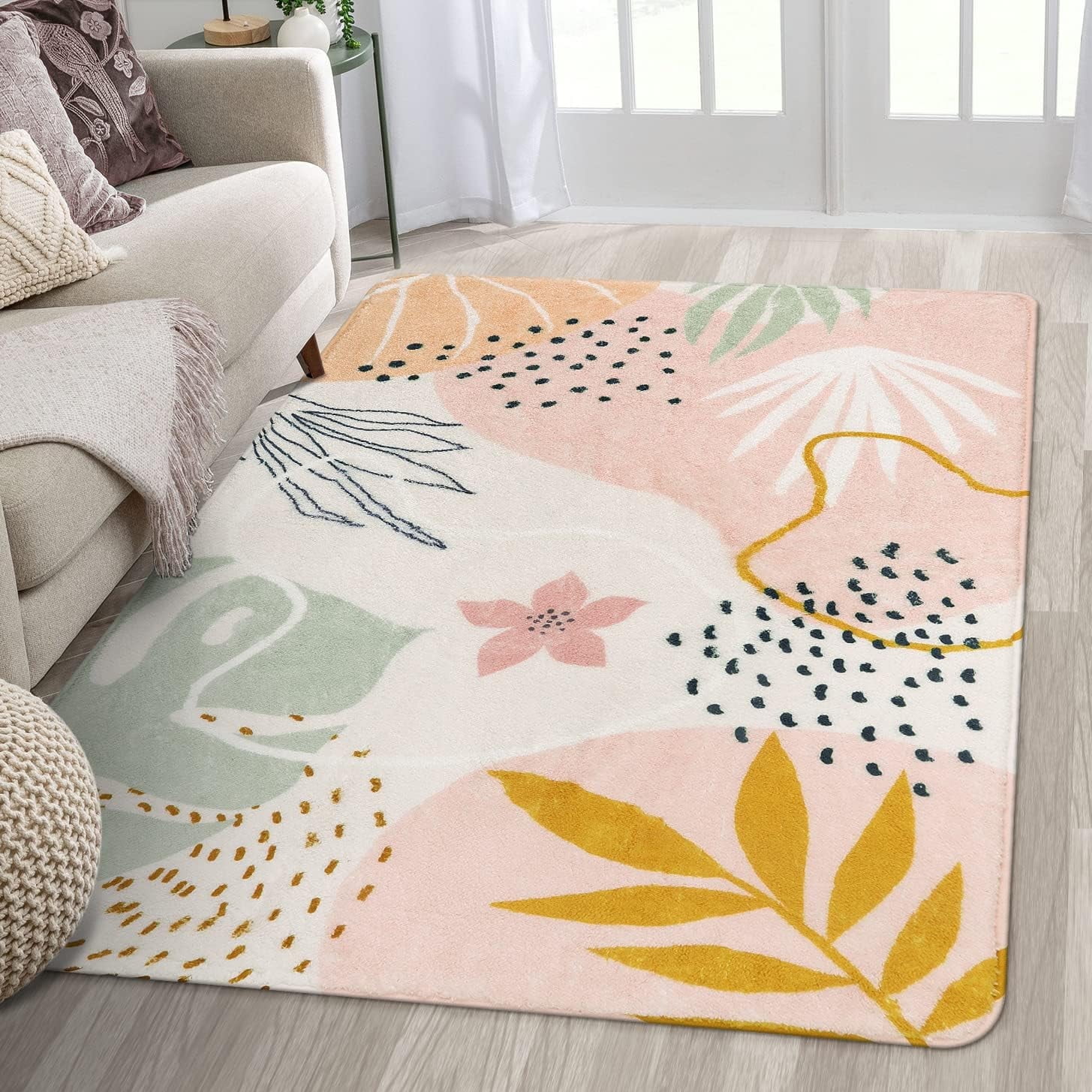 Moynesa 3'x5' Pink Botanical Print Small Throw Rugs Modern Abstract Non ...