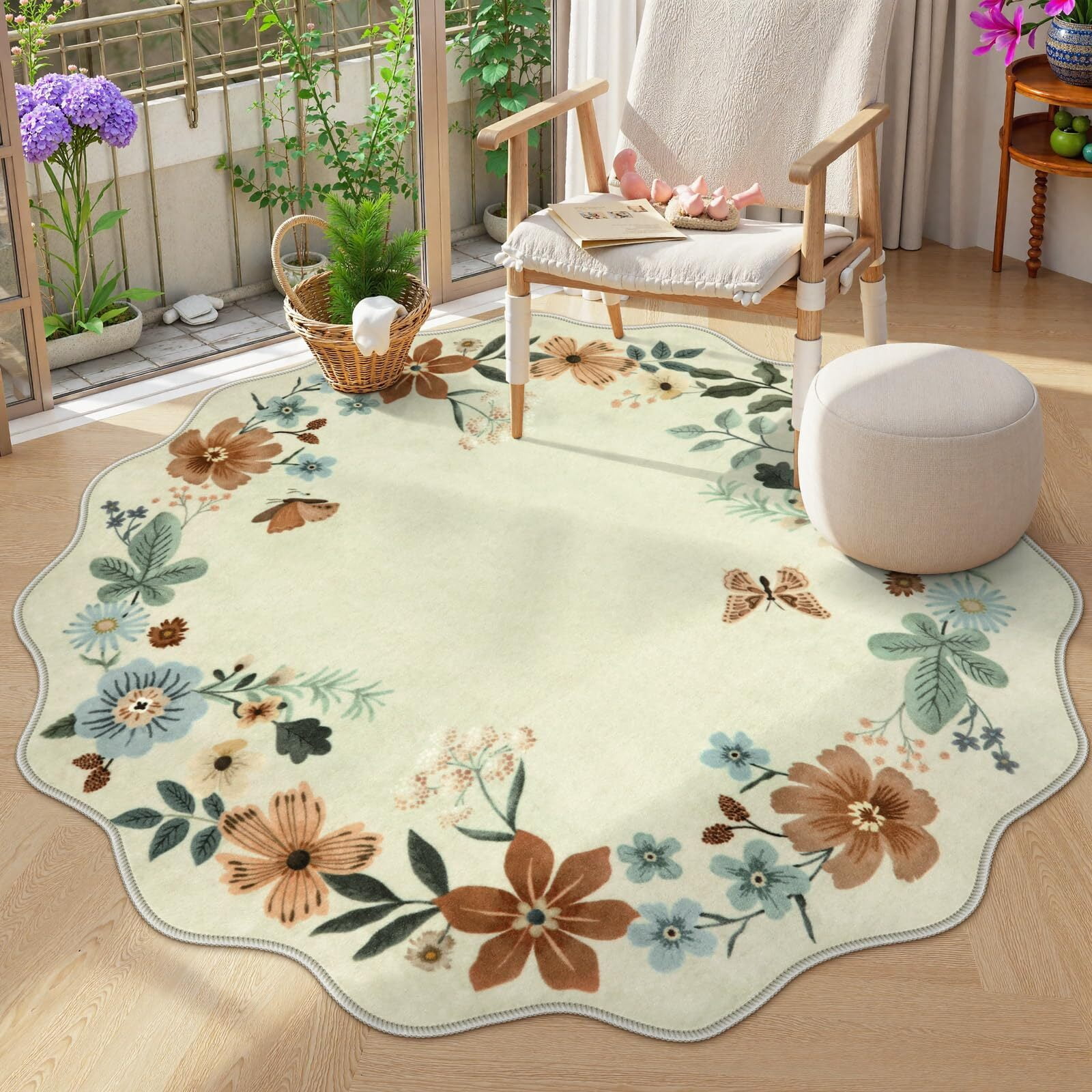 Moynesa 4' Floral Round Area Rug, Washable Rugs for Bedroom Ultra-Thin ...