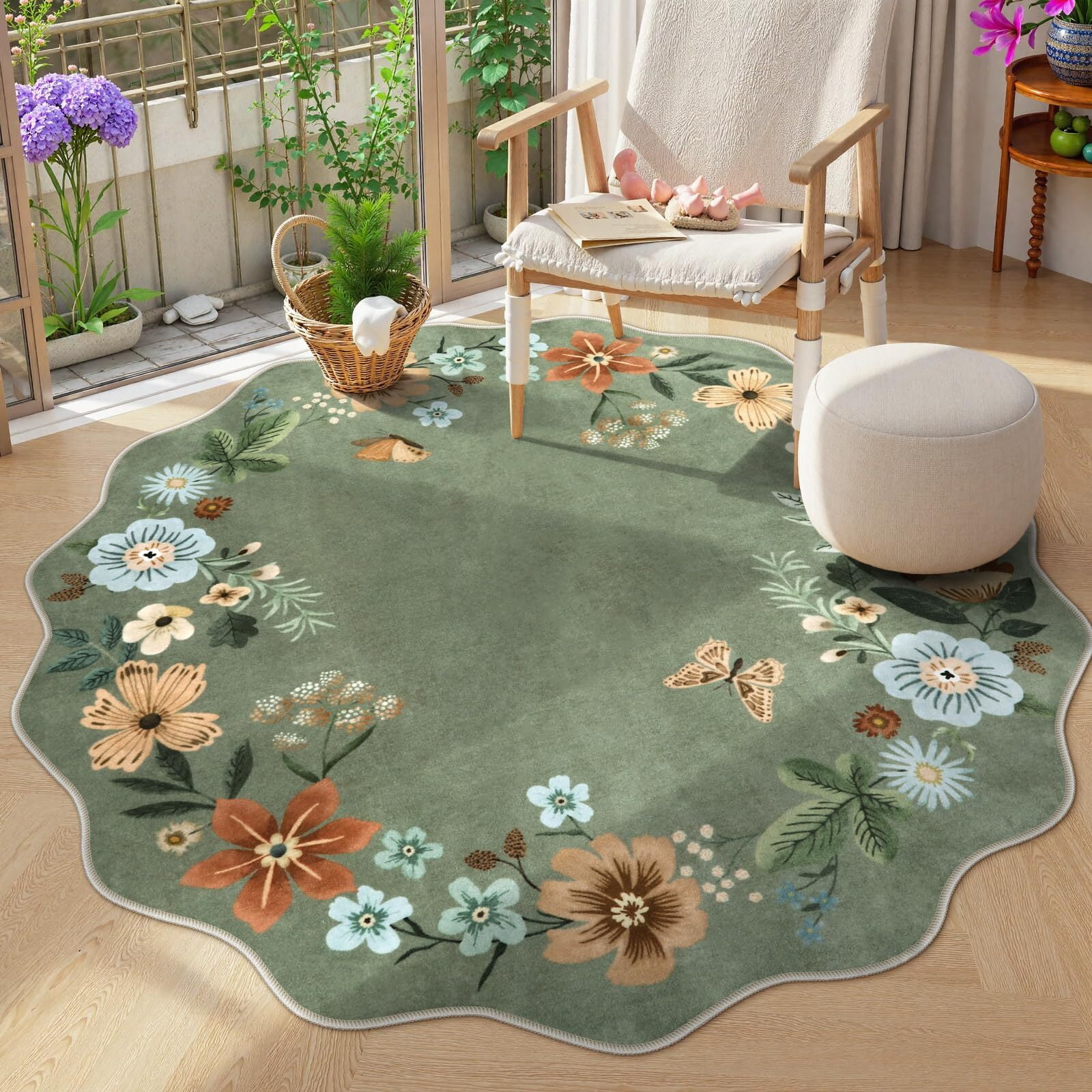 Moynesa 4' Floral Round Area Rug, Washable Rugs for Bedroom Ultra-Thin ...