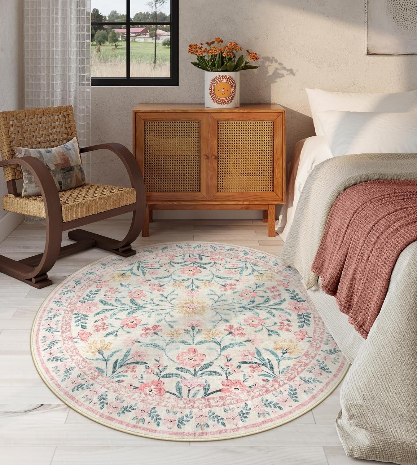 Moynesa 4' Round Boho Pink Rug, Washable Non-Slip Carpet for Bedroom ...
