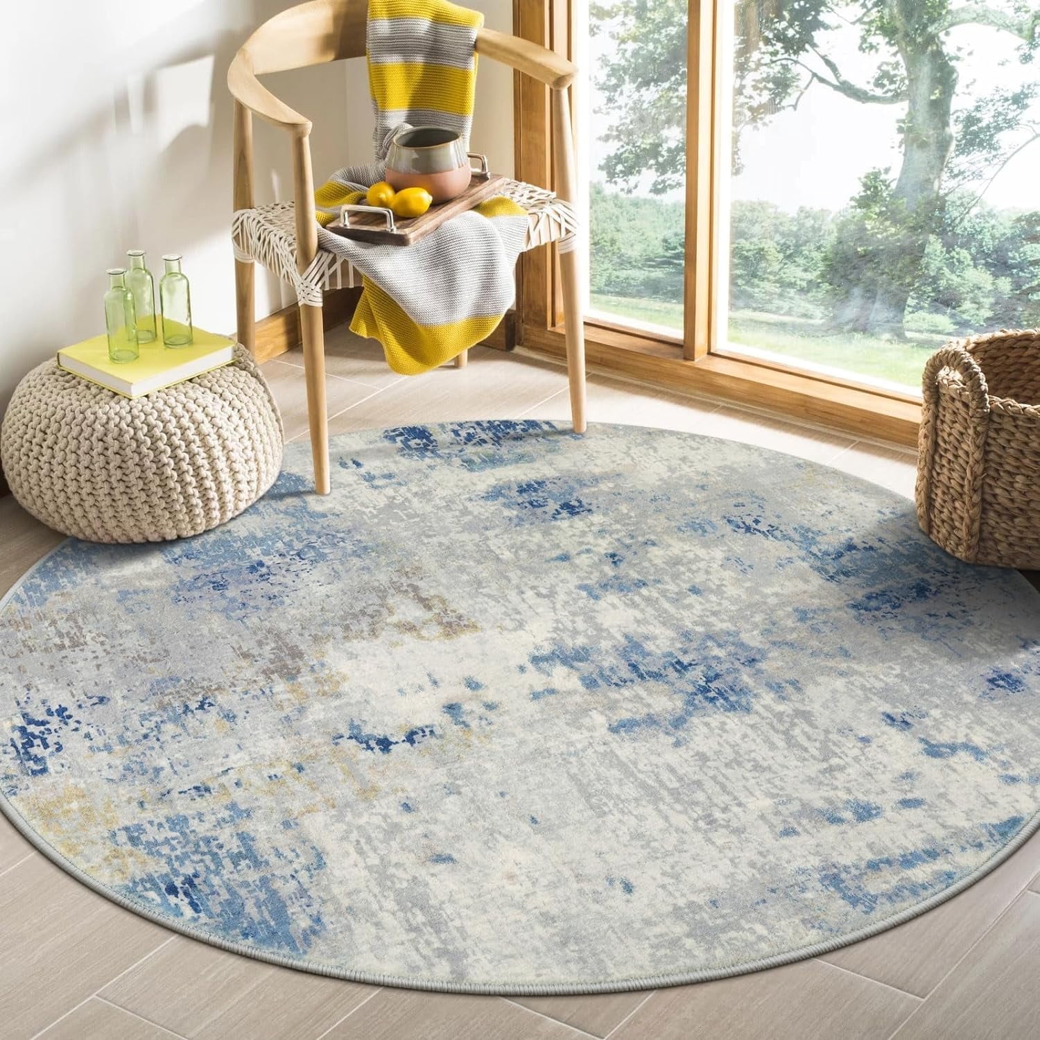 Moynesa 4'Round Modern Abstract Round Rug,Blue Front Door Rug Washable ...