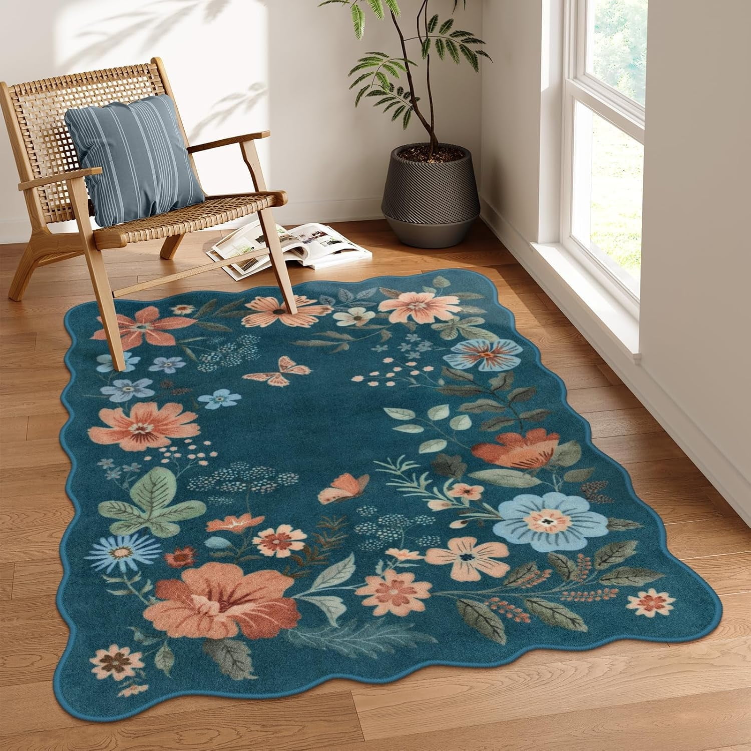 Moynesa 4'x6' Machine Washable Boho Floral Area Rug, Non-Slip, Faux ...
