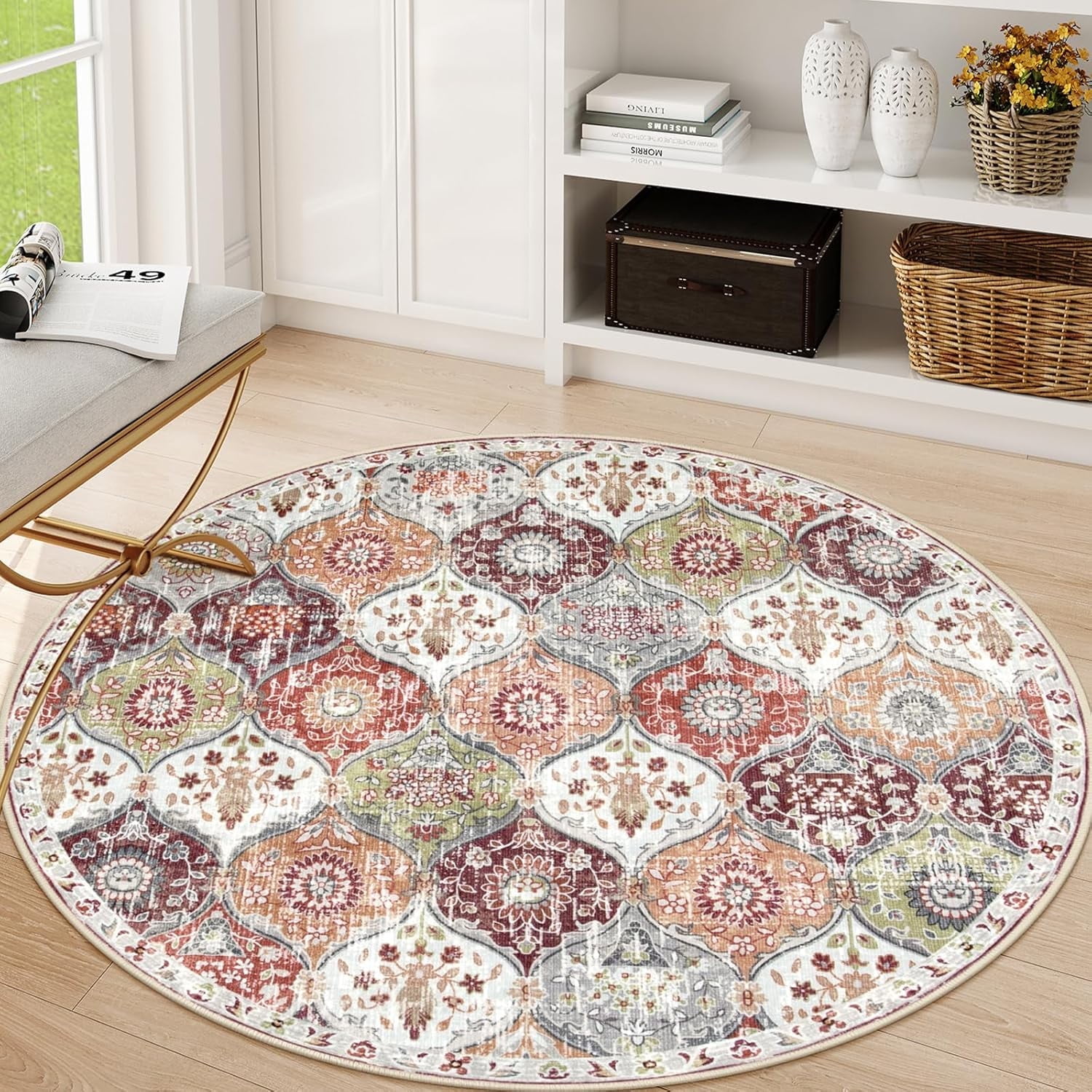 Moynesa 5'Round Moroccan Trellis Washable Rug - Round Rug 5ft Soft Non ...