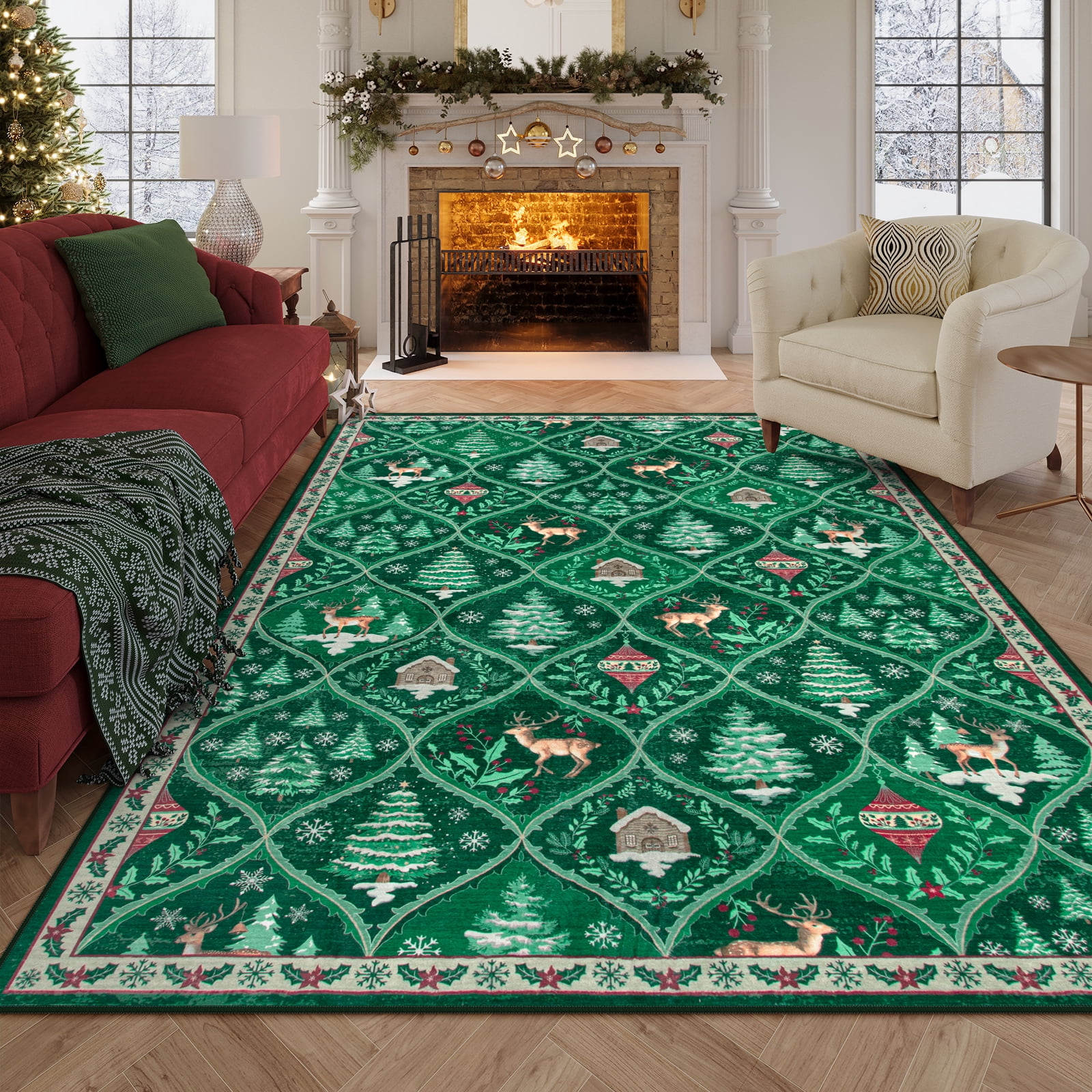 Moynesa 5'x7' Christmas Area Rug for Living Room,Green Rug Xmas Tree ...