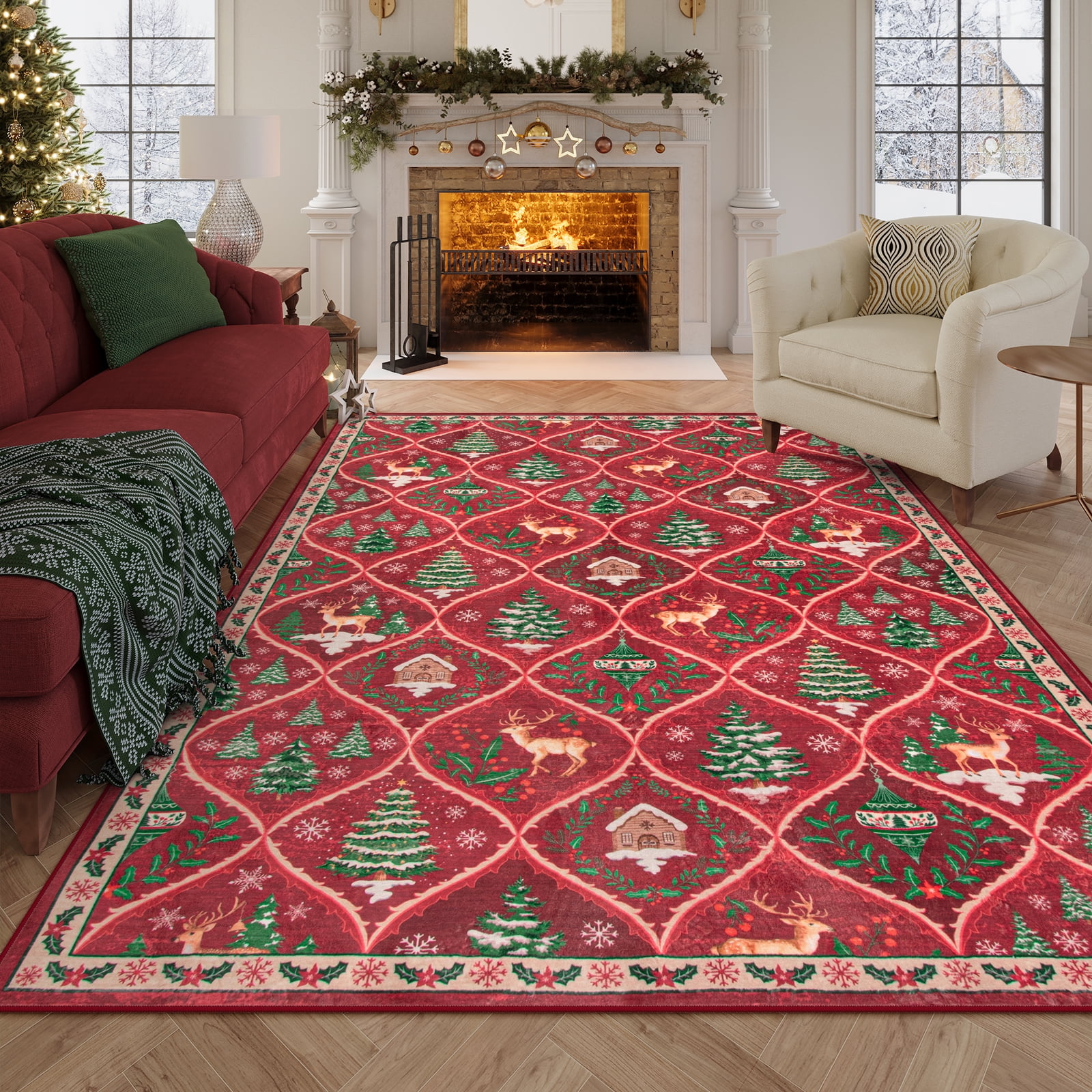 Moynesa 5'x7' Christmas Area Rug for Living Room,Red Rug Xmas Tree ...