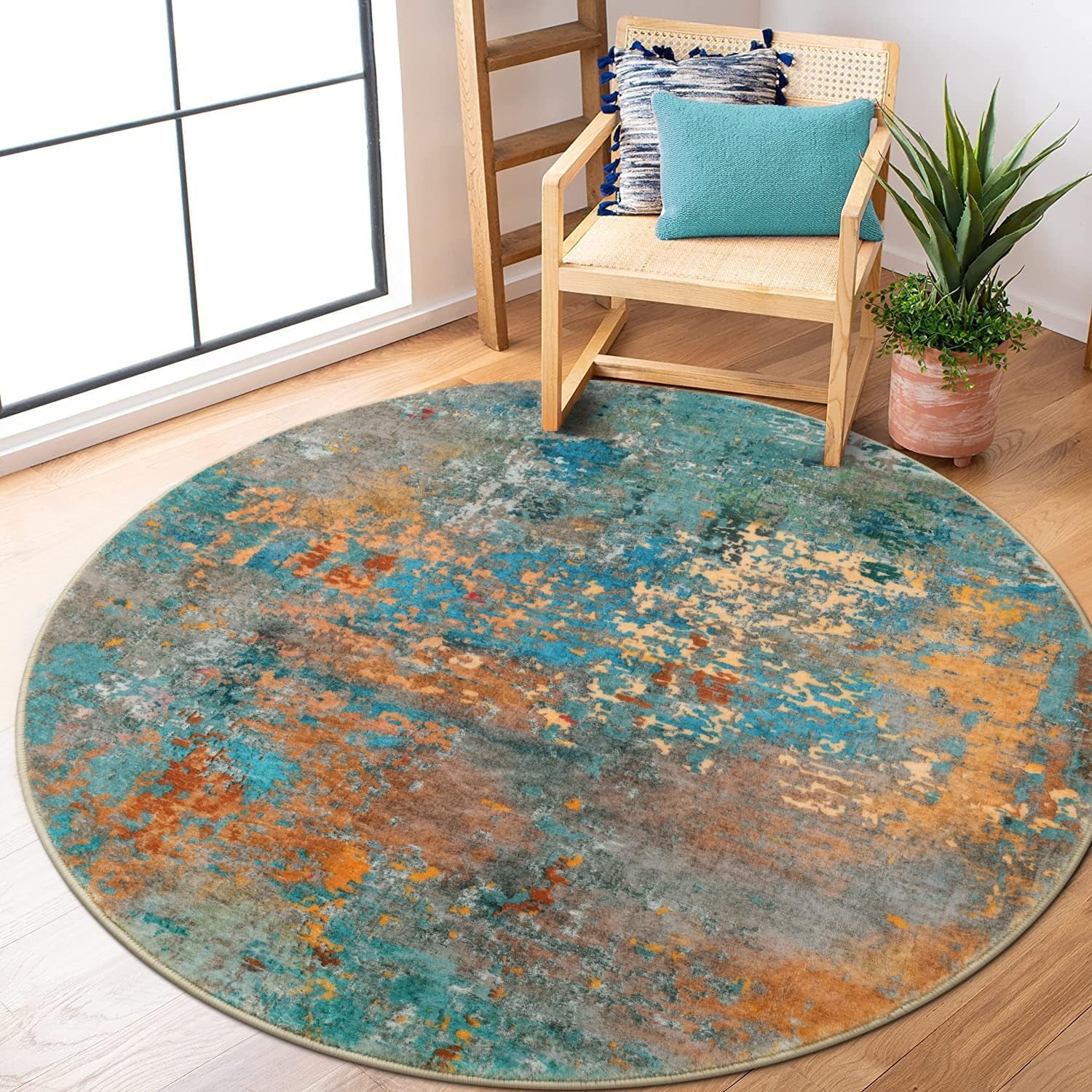 Moynesa 6'Round Modern Abstract Round Rug,Rosy Kitchen Rugs Soft ...