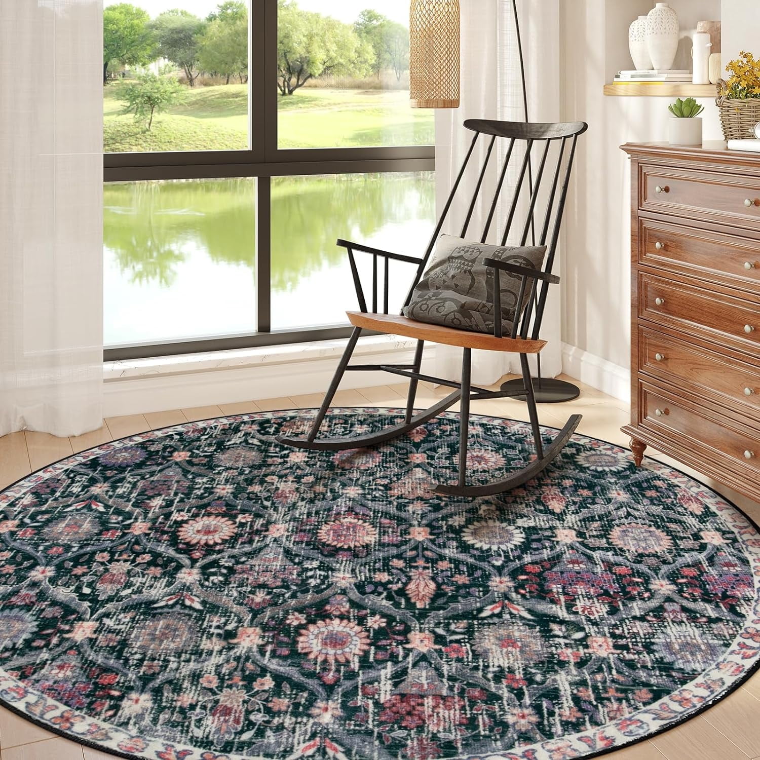 Moynesa 6'Round Moroccan Trellis Washable Rug - Round Rug 6ft Soft Non ...