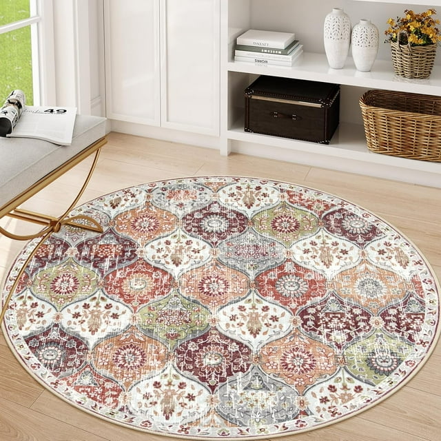 Moynesa 6'Round Moroccan Trellis Washable Rug - Round Rug 6ft Soft Non ...