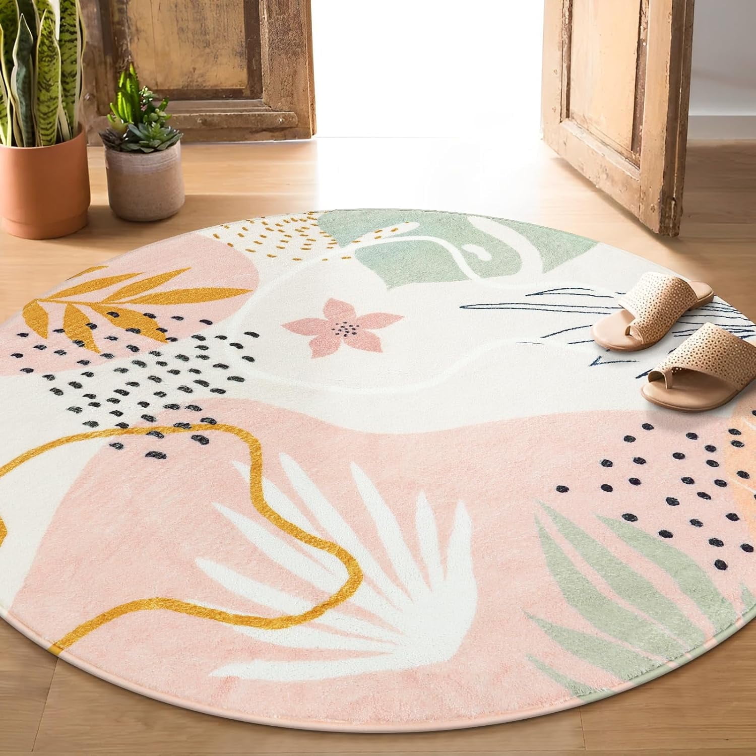 Moynesa 6'Round Pink Area Rugs,Washable Large Boho Round Rug for Living ...