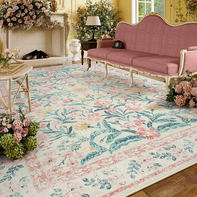 Moynesa 9'x12' Boho Pink Area Rugs Living Room, Washable Floral Large ...