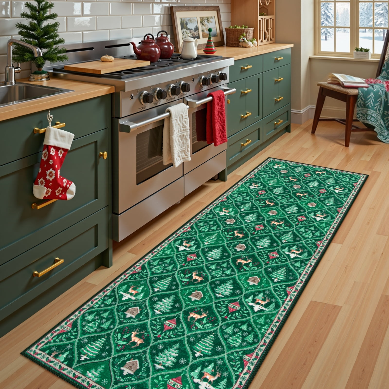 Moynesa Christmas 2'x6' Runner Rugs for Hallway, Washable Green Kitchen ...