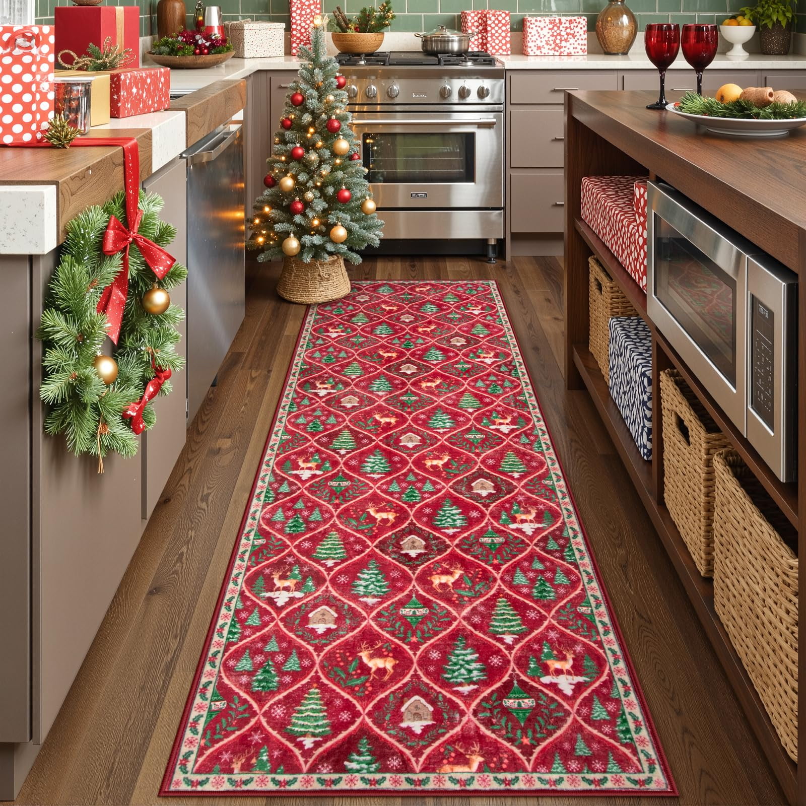 Moynesa Christmas 2'x6' Runner Rugs for Hallway, Washable Red Kitchen ...