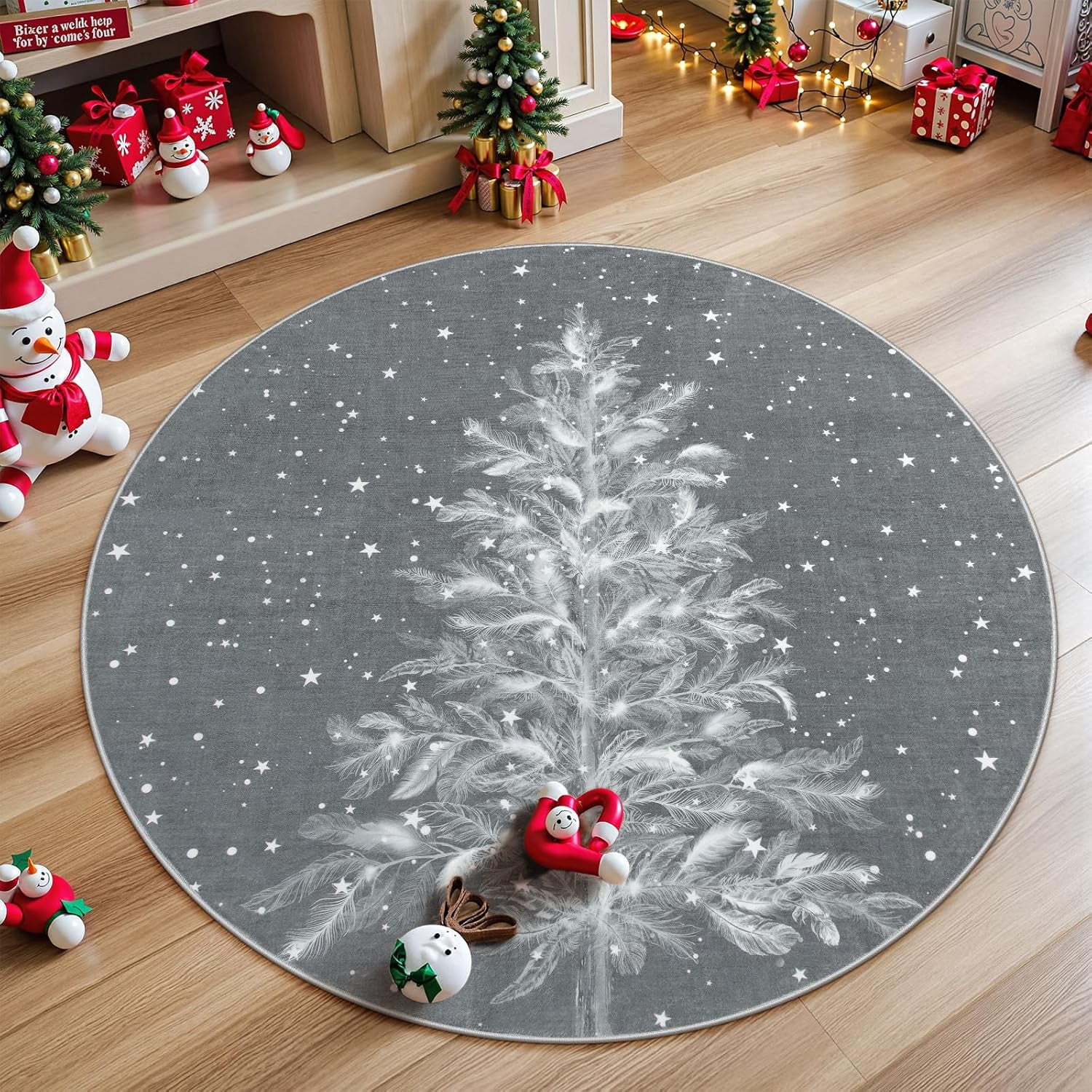 Moynesa Christmas 5ft Round Rug,5' Round Area Rug Gray Christmas Tree ...