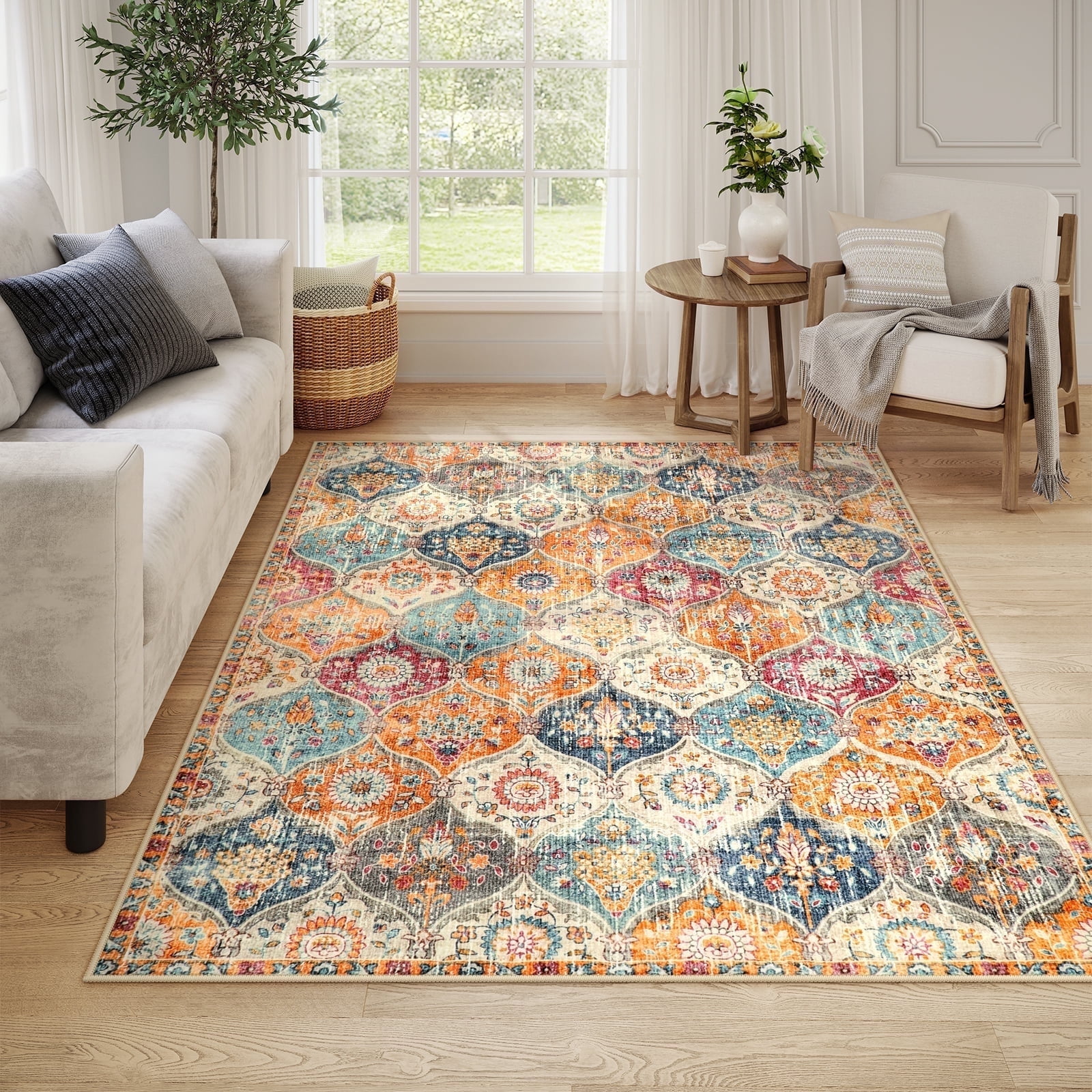 Moynesa, Washable Area Rug, 6'x9', Soft Vintage Moroccan Floral Design ...
