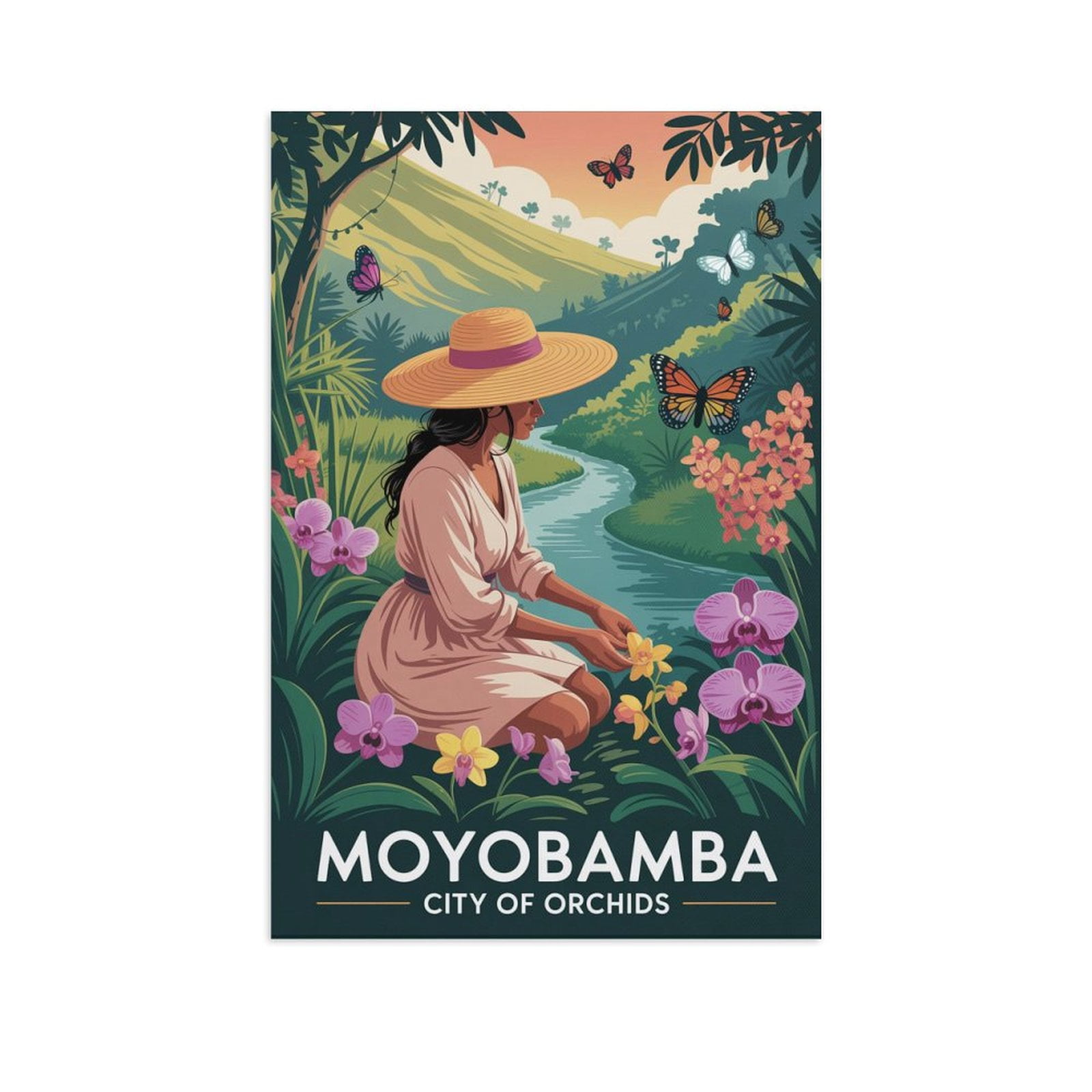 Moyobamba Peru Vintage City Travel Poster with Orchids, Butterflies And ...